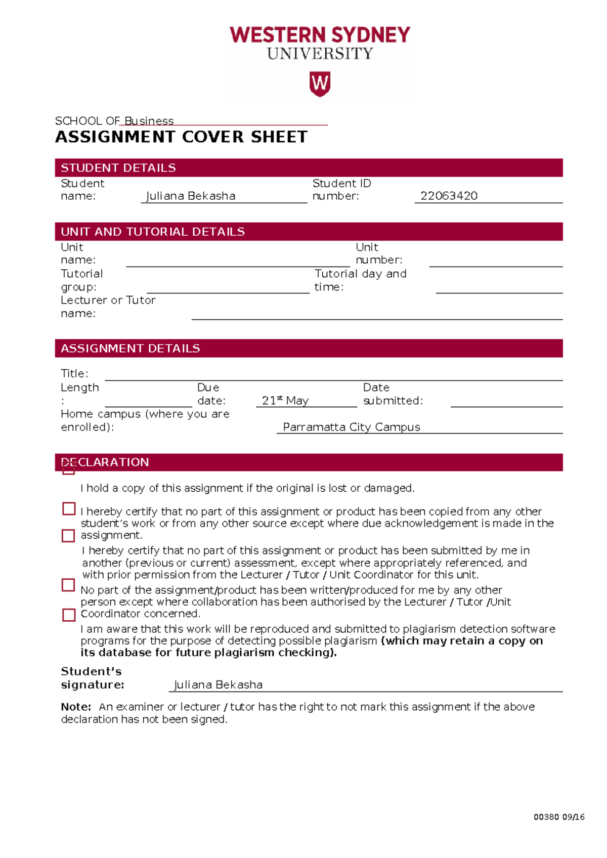 Doc1 - good - SCHOOL OF Business ASSIGNMENT COVER SHEET STUDENT DETAILS Student name: Juliana ...