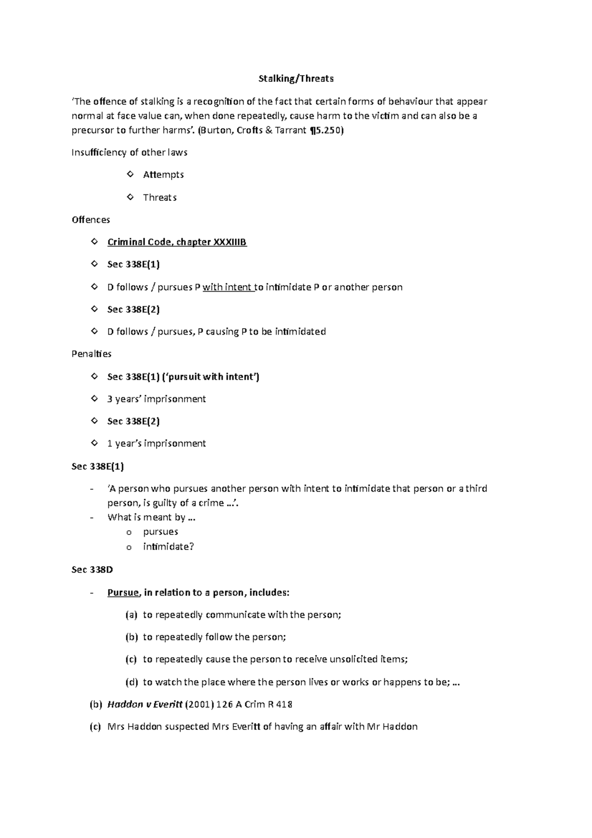 Stalking - Lecture notes 6 - Stalking/Threats ‘The offence of stalking ...