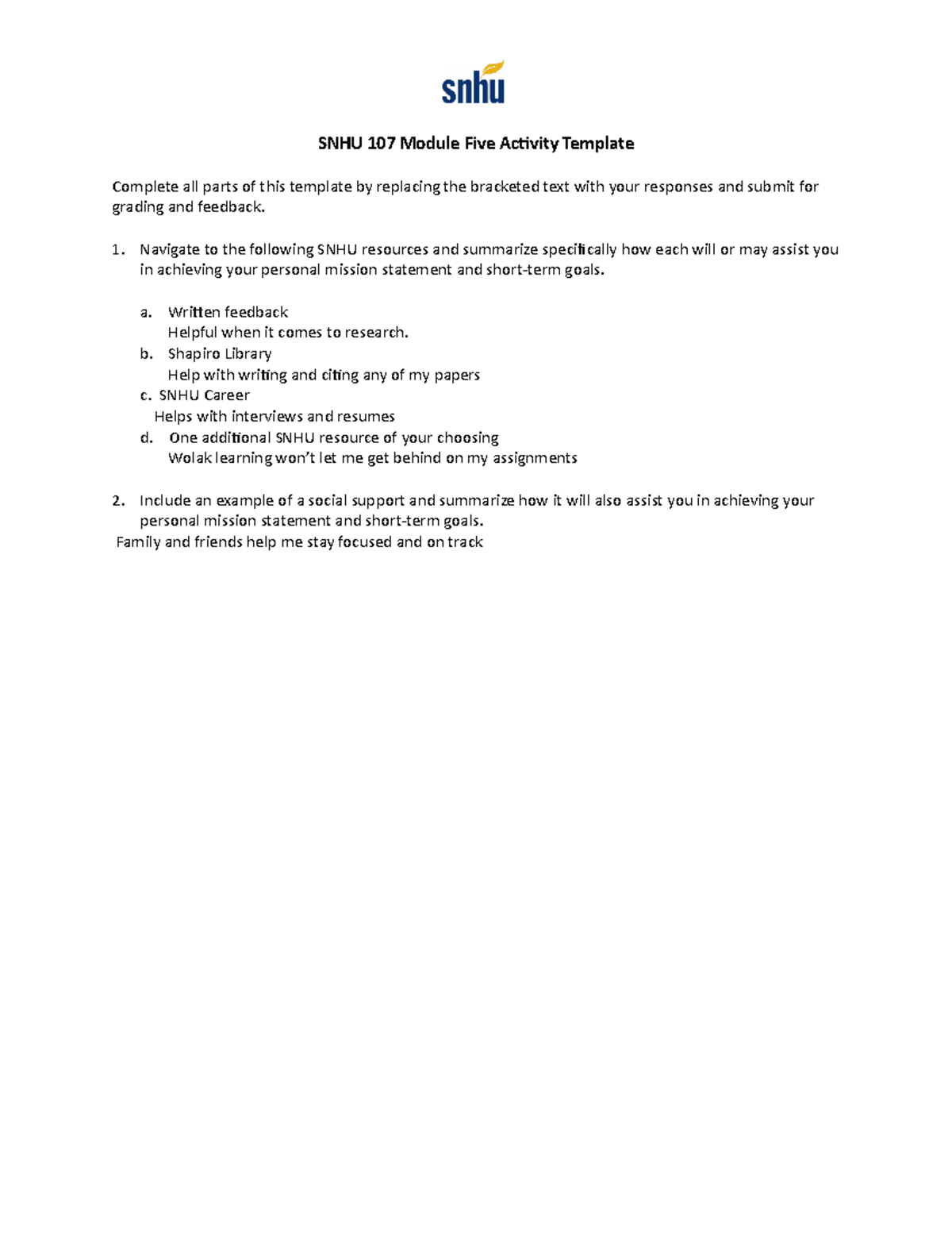 Snhu 107 Module Five Activity Template Snhu 107 Module Five Activity