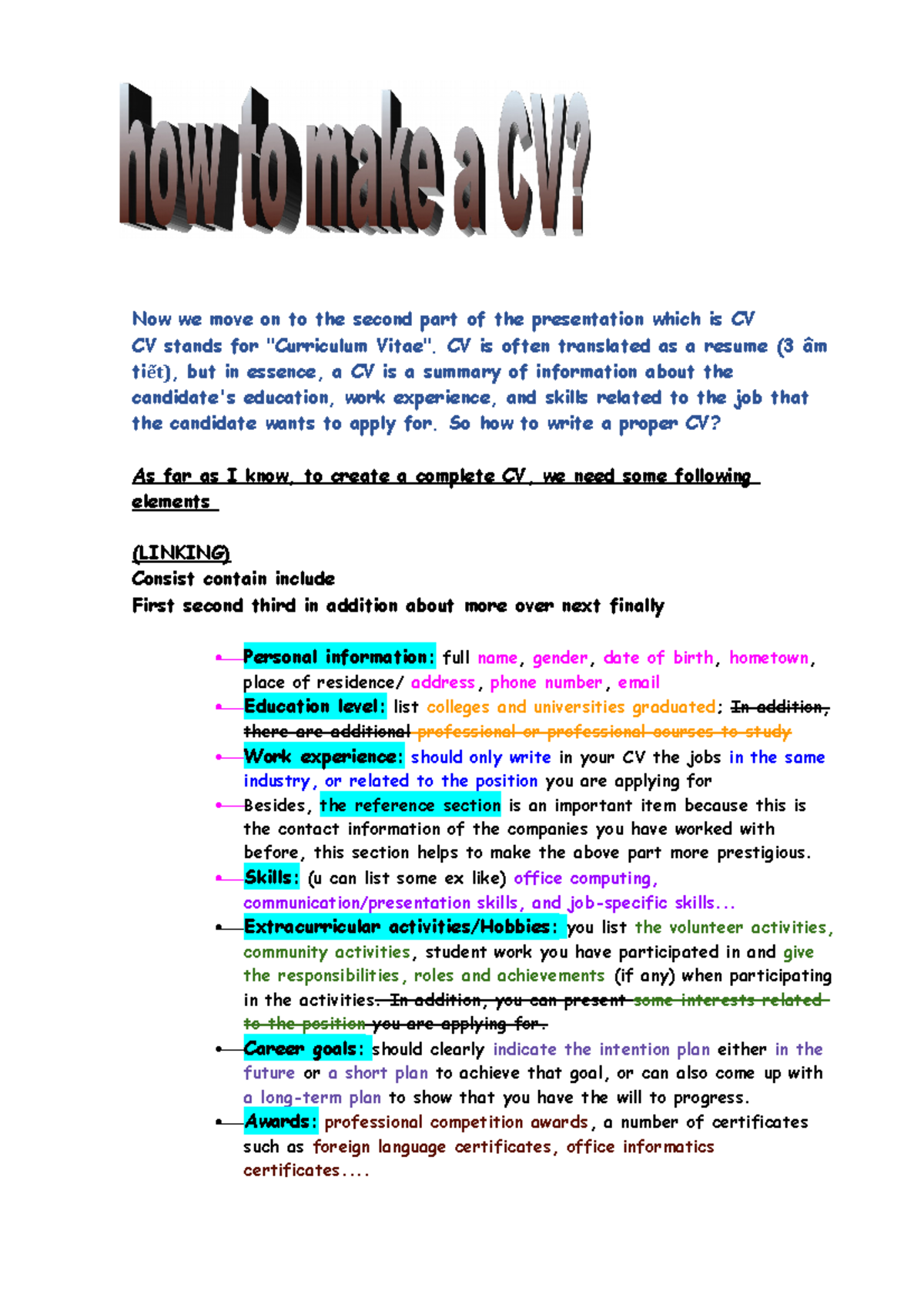 how to write a CV - Now we move on to the second part of the ...