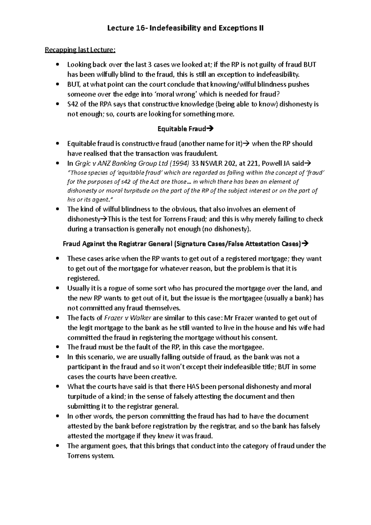 Lecture 16- Indefeasibility and Exceptions II - Recapping last Lecture: Looking back over the ...