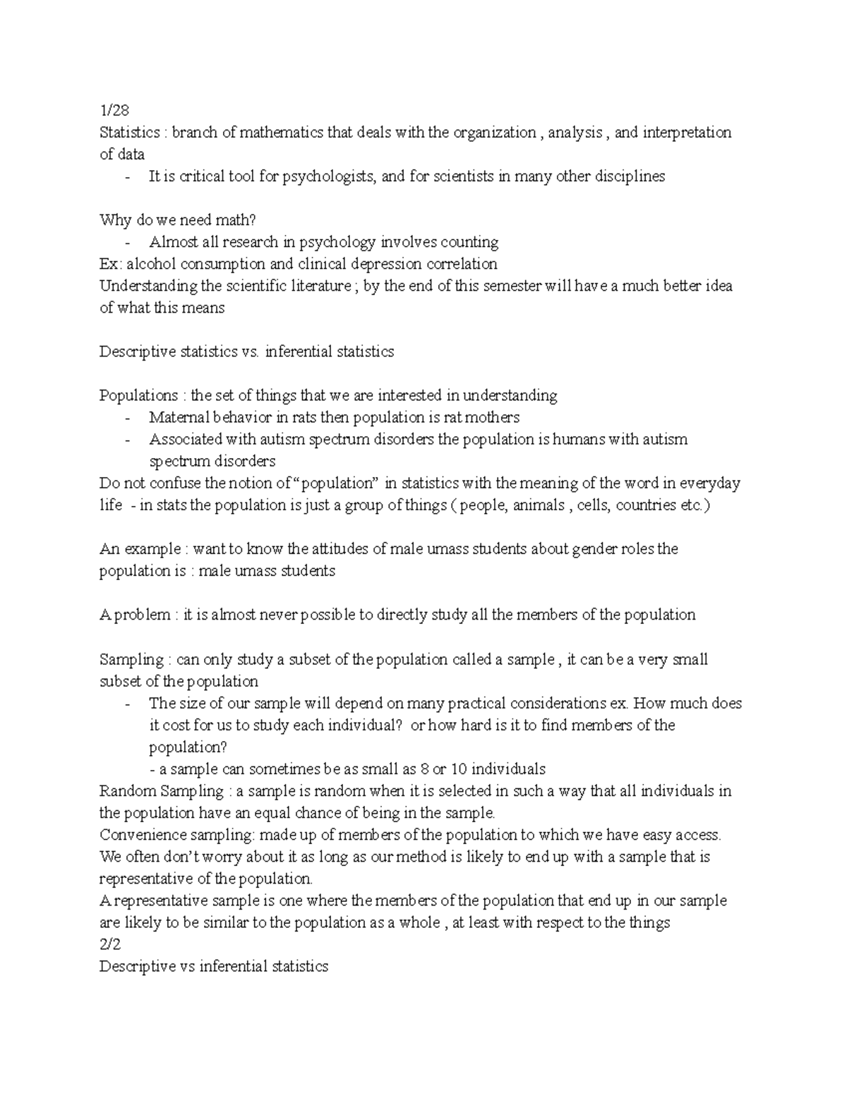 Psych 240 Notes - Adrian Staub - 1/ Statistics : branch of mathematics ...