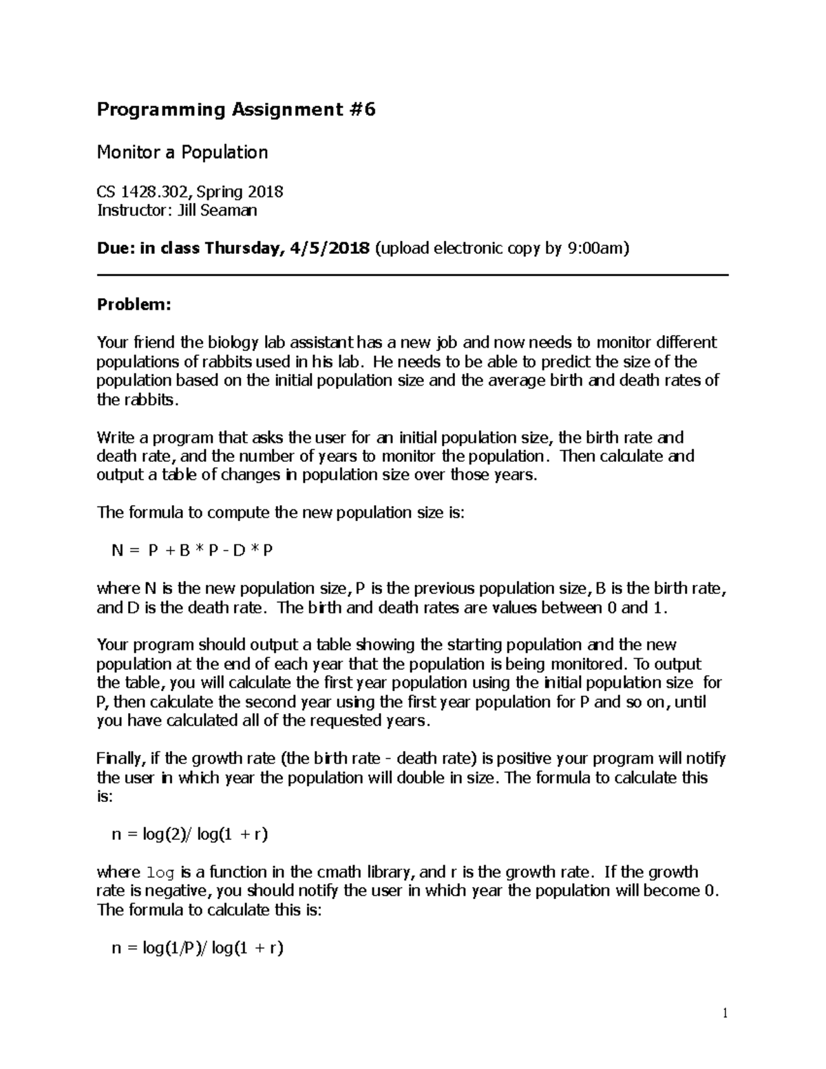 Assignment 6 - CS 1428 - Programming Assignment Monitor a Population CS 1428, Spring 2018 - Studocu