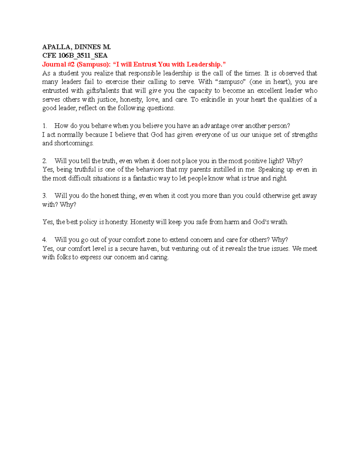 Apalla, Dinnes M. Journal 2 Sampuso I will Entrust You with Leadership ...