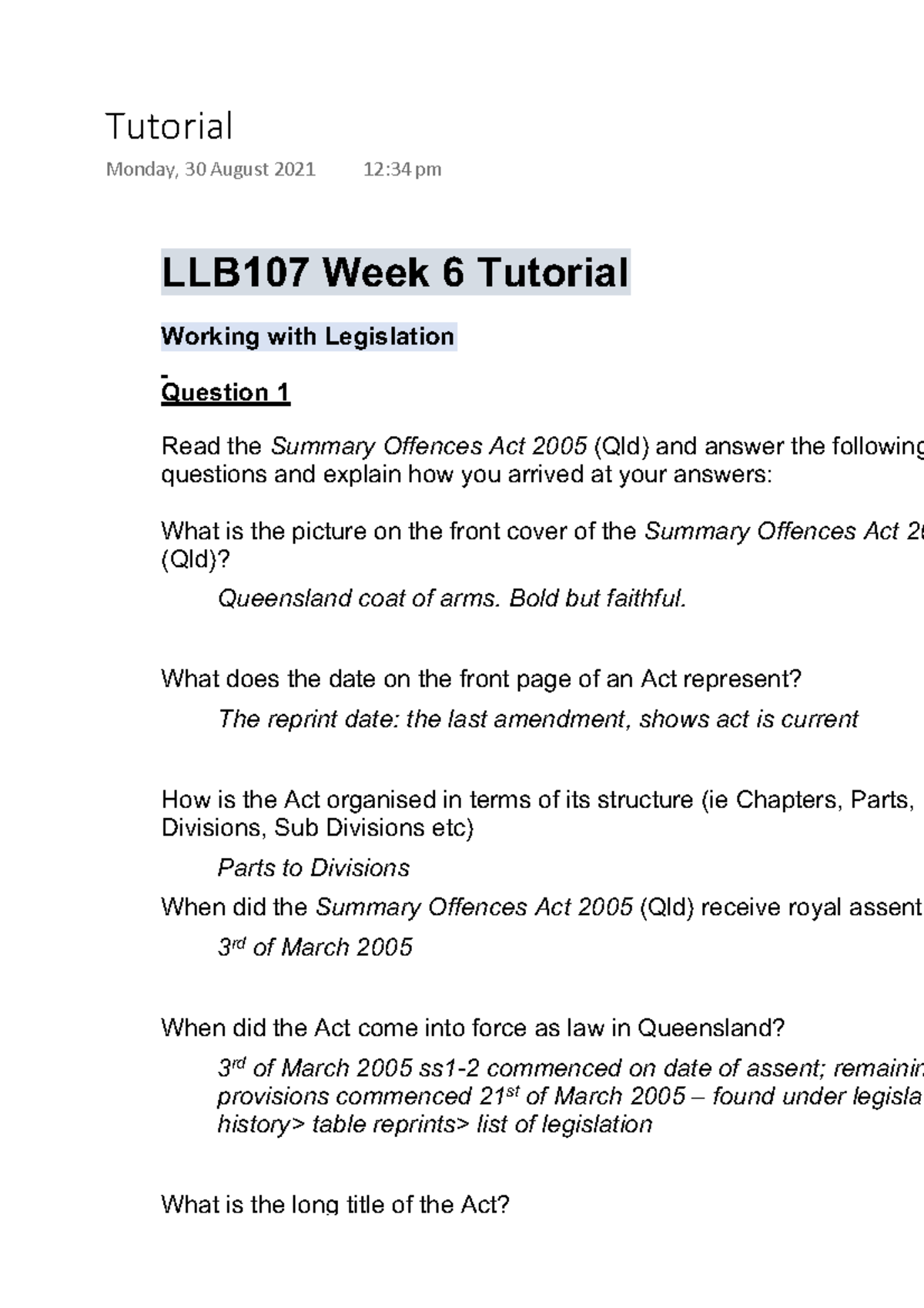 Tutorial 6 working with legislation - LLB107 Week 6 Tutorial Working ...