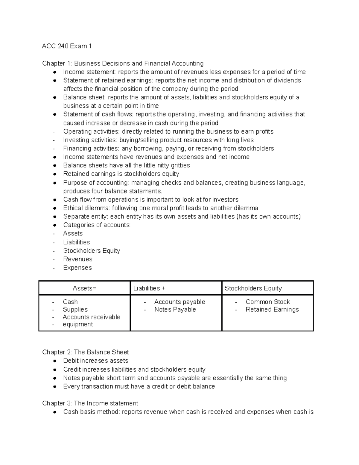 ACC 240 Exam 1 - Lecture notes 1-6 - ACC 240 Exam 1 Chapter 1: Business ...