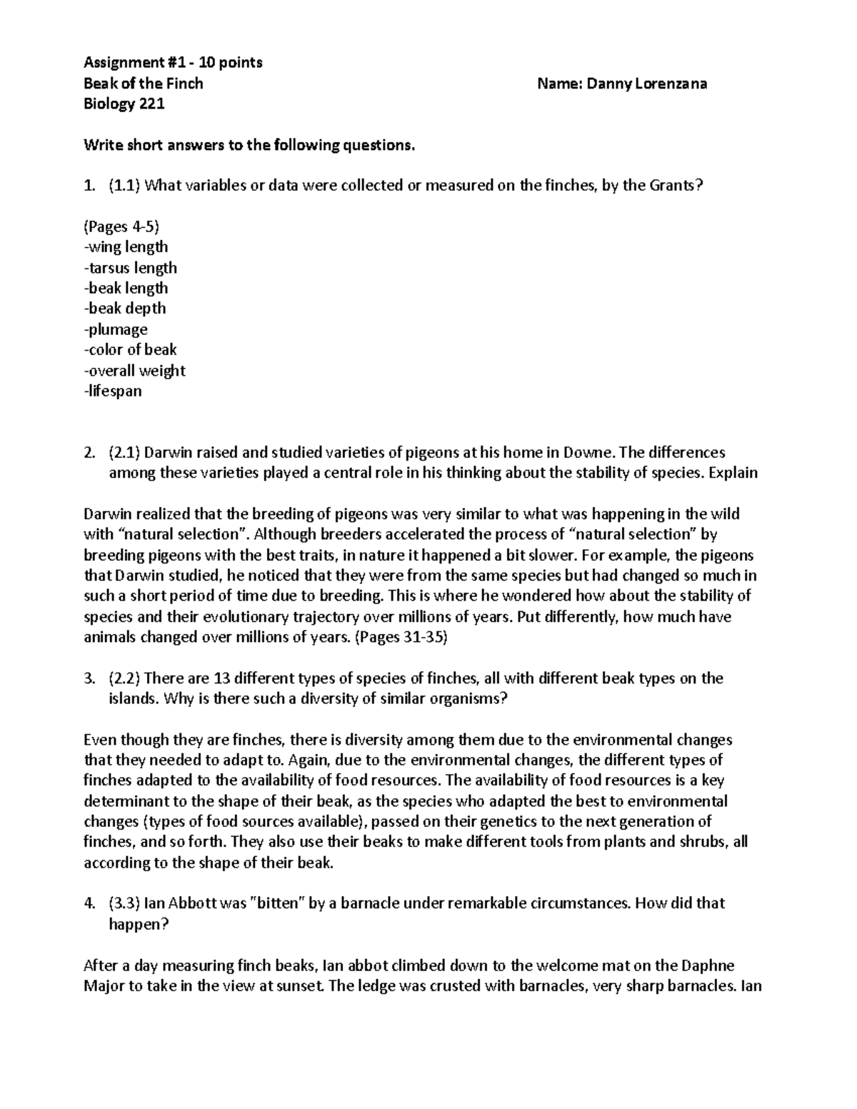 Beak of the Finch 1 - assignment 1 - Assignment #1 - 10 points Beak of ...