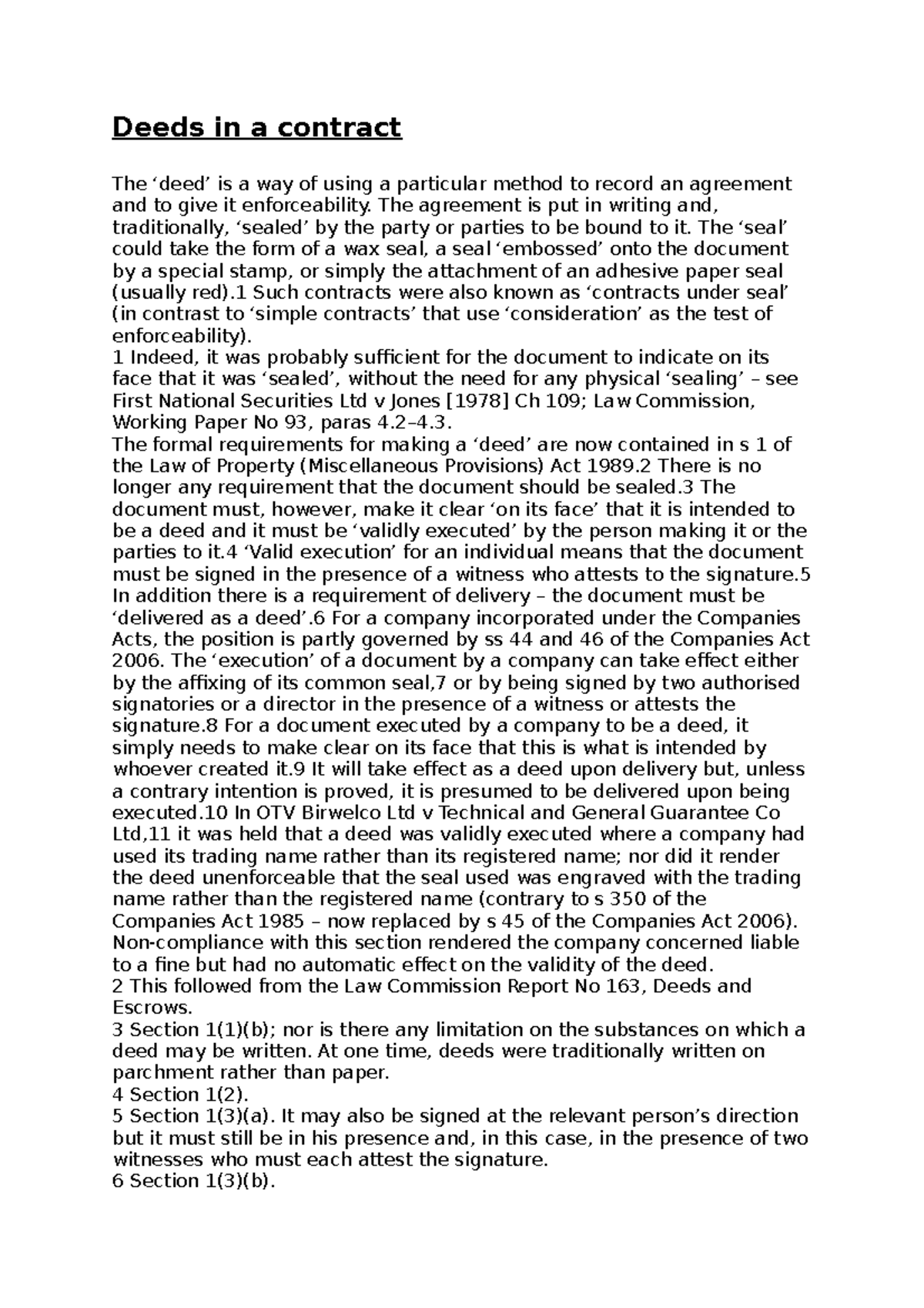 Deeds in a contract - Lecture notes 2 - Deeds in a contract The ‘deed ...
