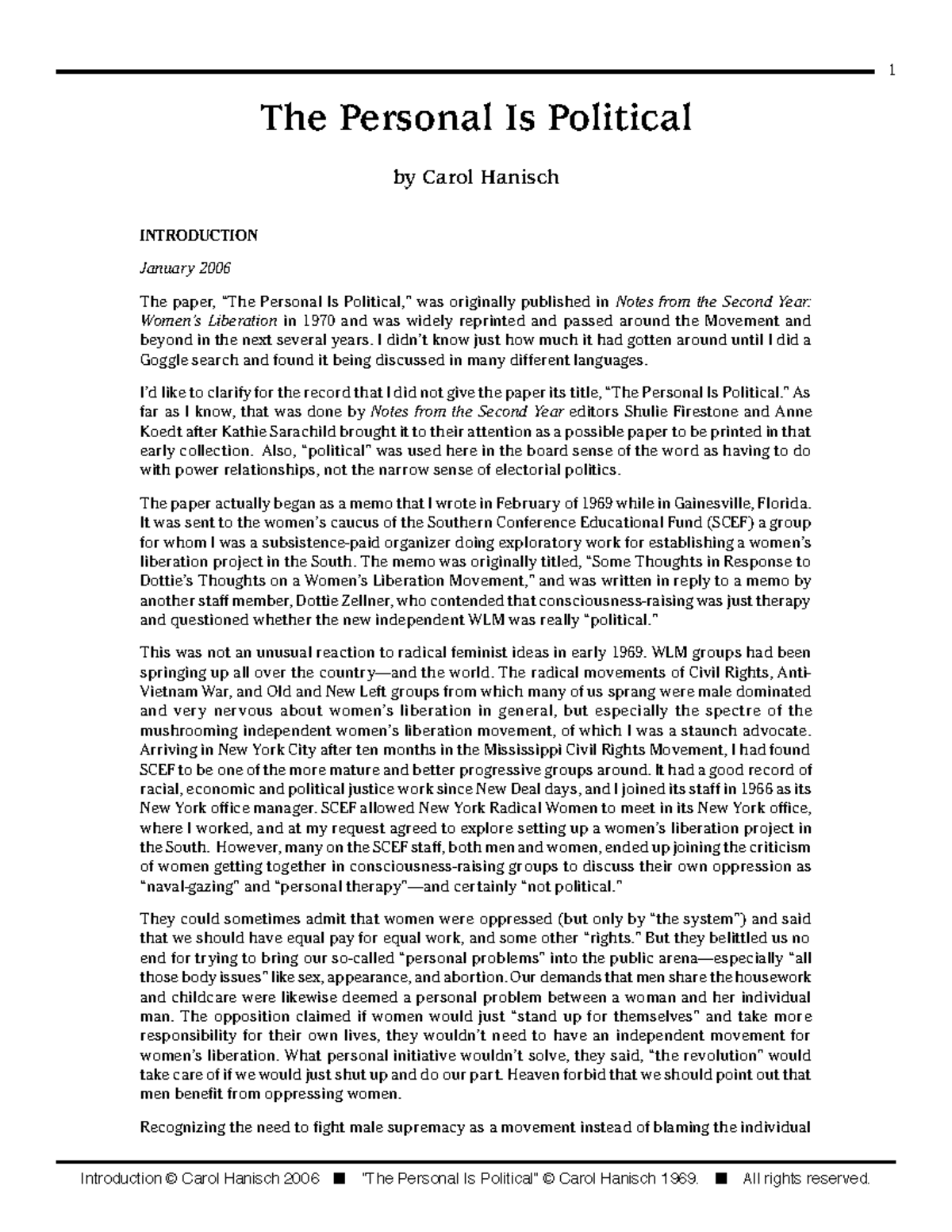 Carol Hanisch Personal is Political 1969 - INTRODUCTION January 2006 ...