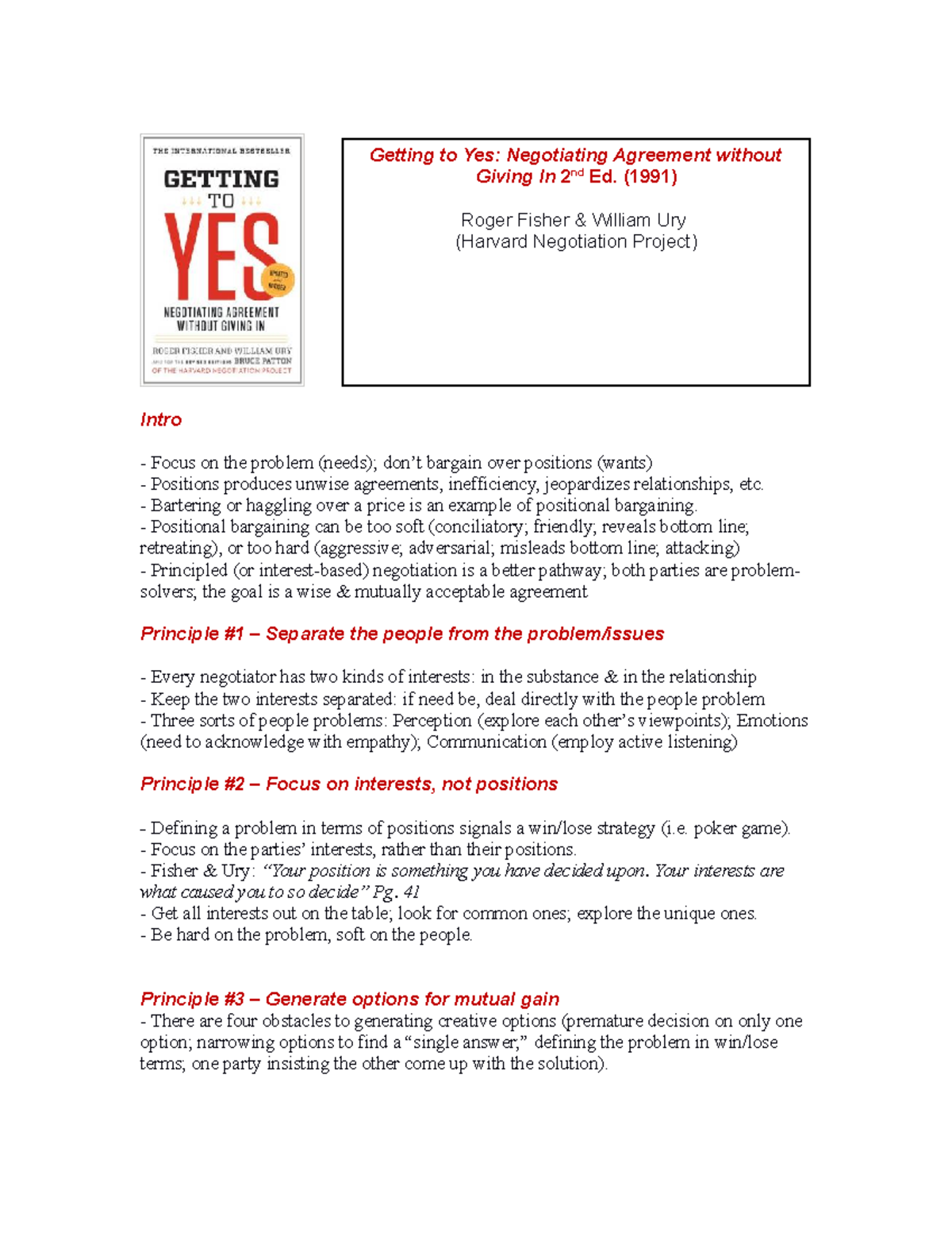 MGT266Getting To Yes - practice - Intro Focus on the problem (needs ...