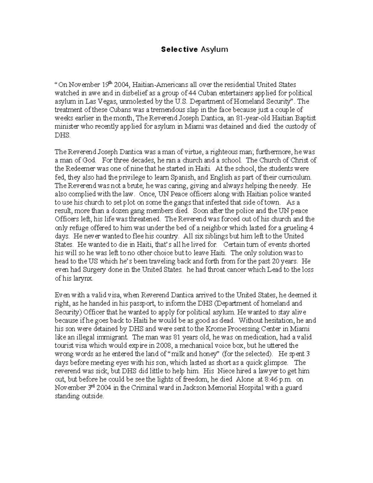 Selective asylum - English paper - Selective Asylum “On November 19th ...