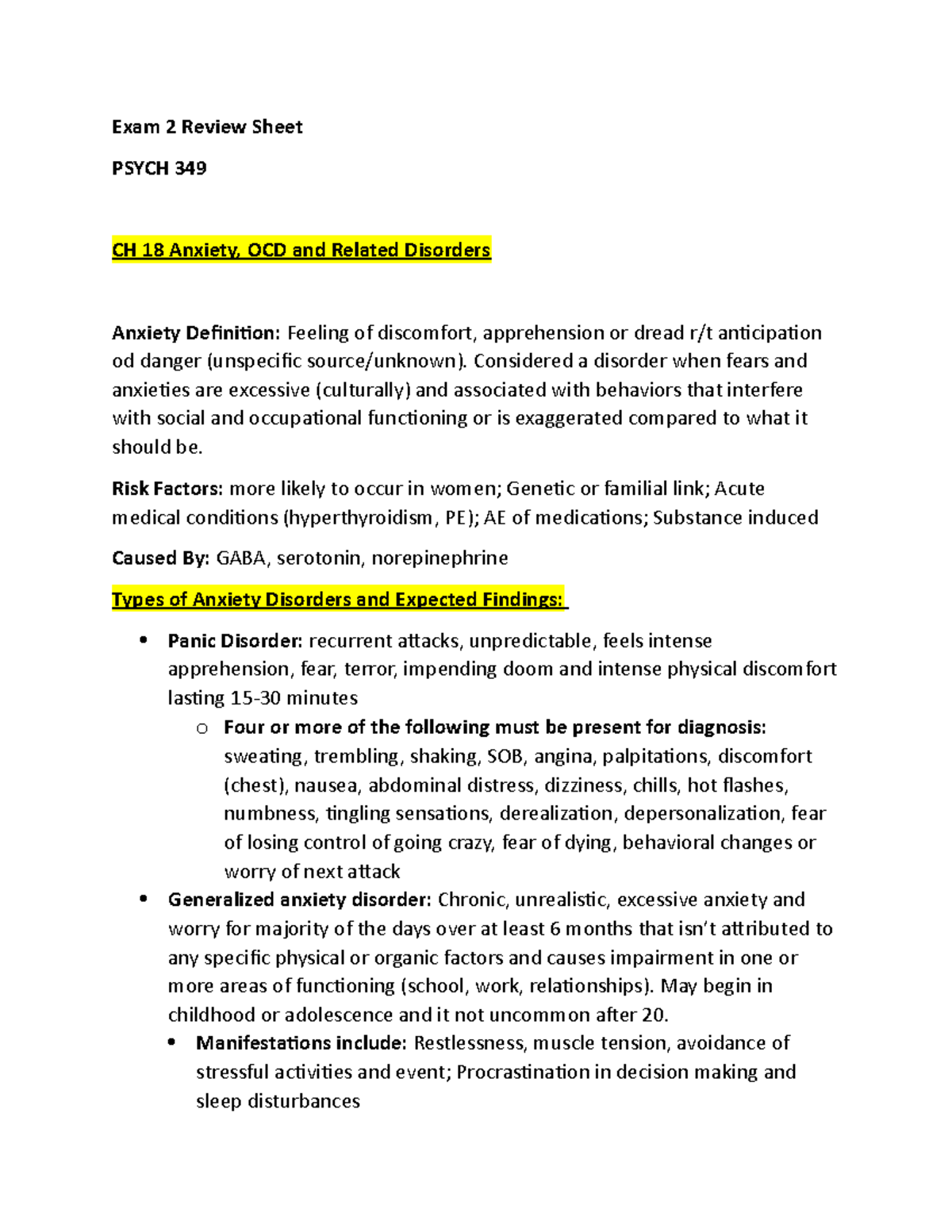 PS Exam 2 Prep - PS Exam 2 - Exam 2 Review Sheet PSYCH 349 CH 18 ...