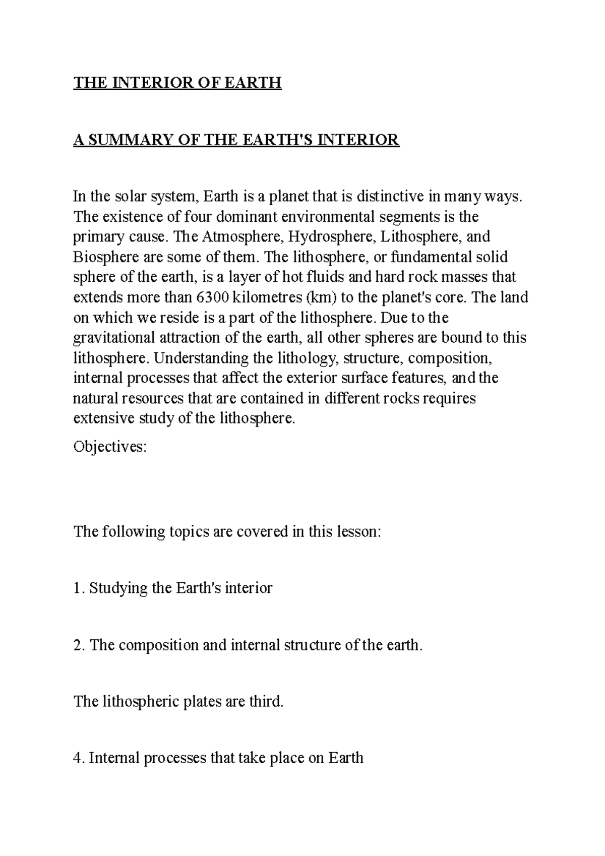 The Earth's Internal Structure - THE INTERIOR OF EARTH A SUMMARY OF THE ...
