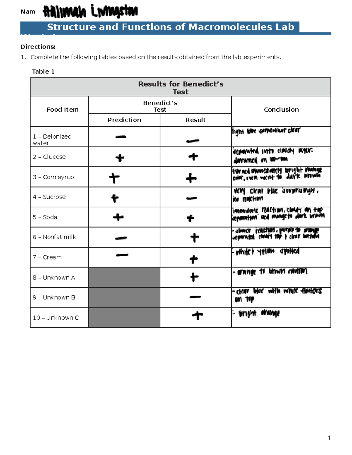 3 Macromolecules worksheet bio 181 - Directions: Complete the following ...