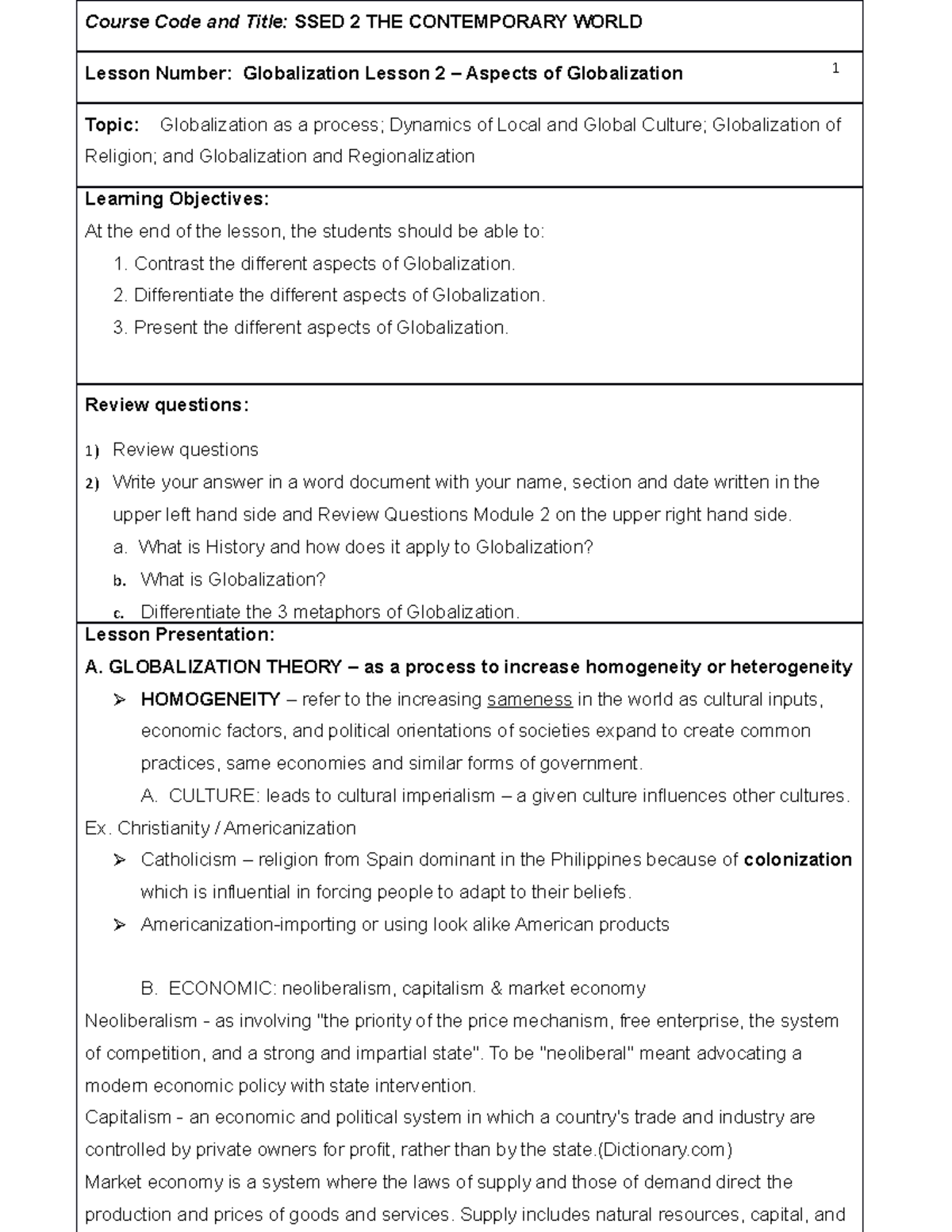CW Module a2 Aspects of Globalization SVV - 1 Course Code and Title ...
