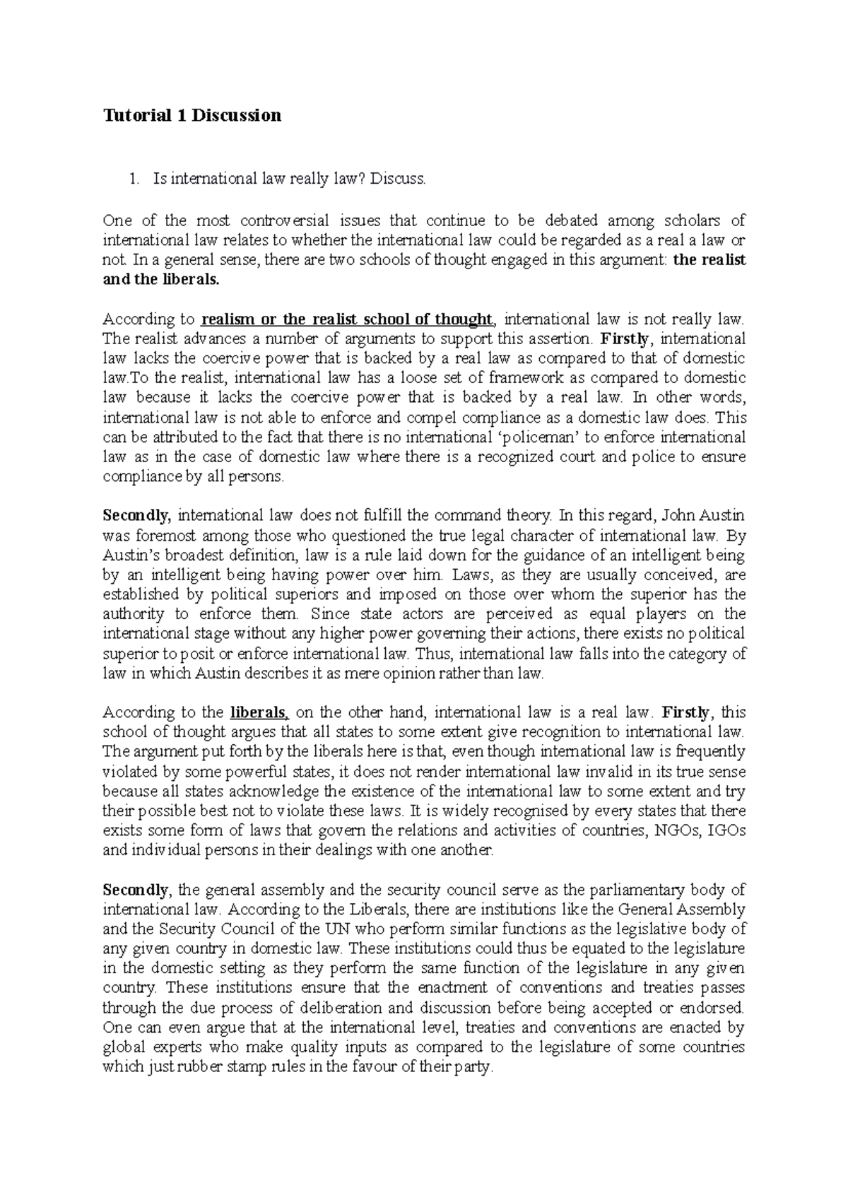 Tutorial 1 - Tutorial 1 Discussion Is international law really law ...