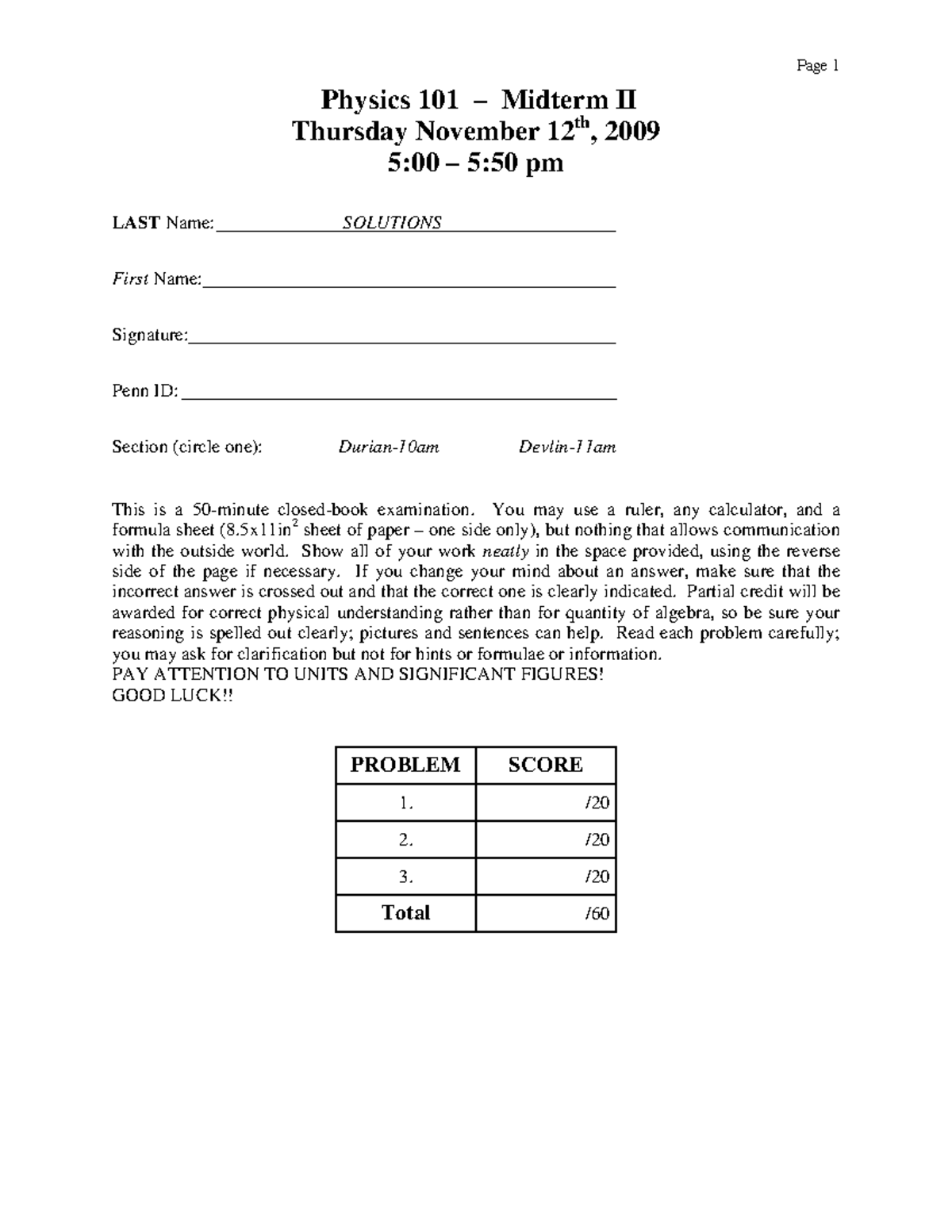 M2 Phys101 2009 Fsolns - Practice Questions Solutions for Exam 2 - Physics 101 – Midterm II ...