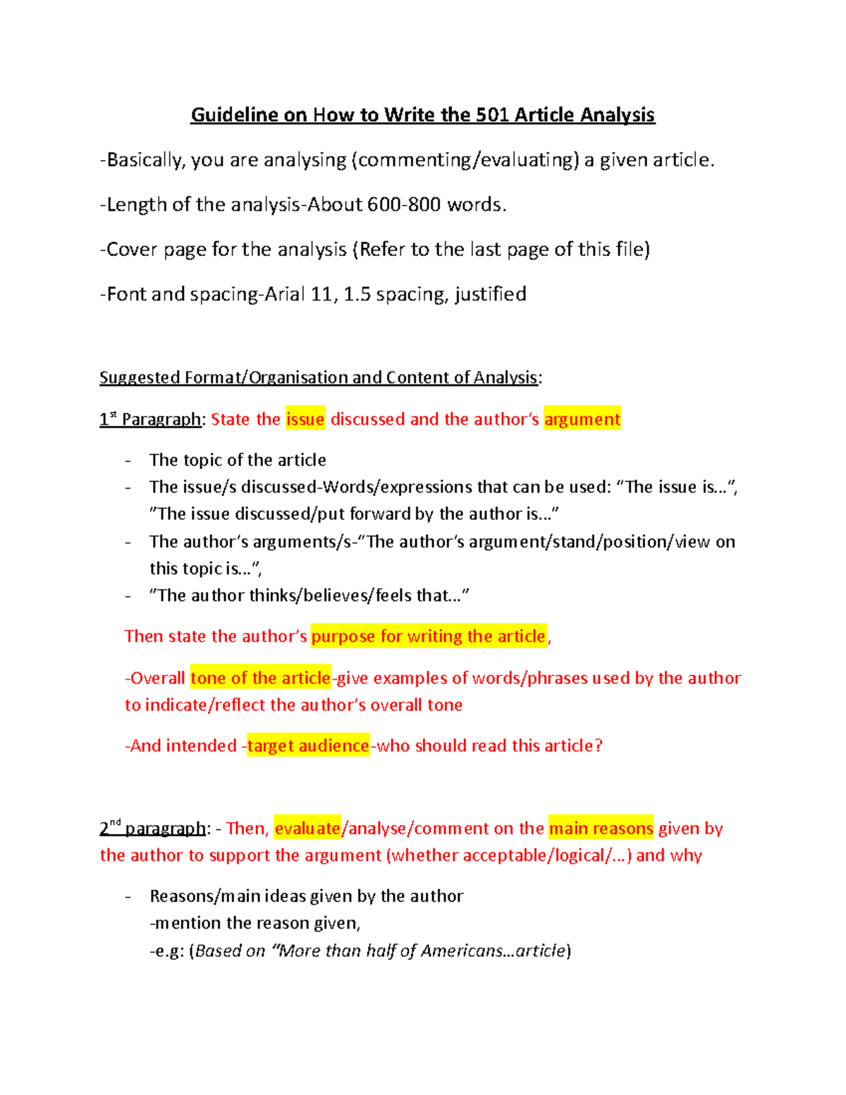 ELC501 Guidelines on How to Write the Article Analysis - Guideline on ...