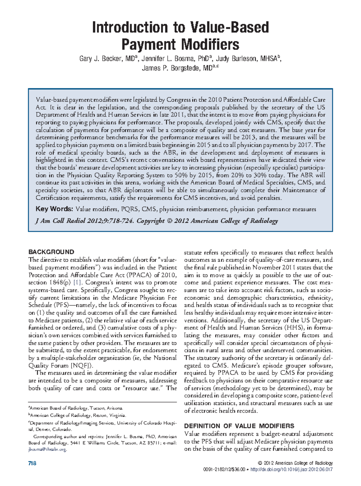 Becker 2012 - NOTES - Introduction to Value-Based Payment Modifiers ...