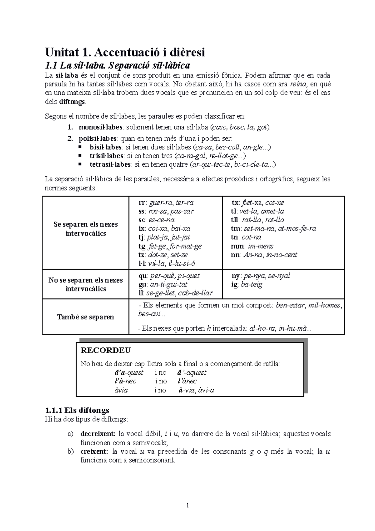 Teoria valenciano c1 - Unitat 1. Accentuació i dièresi 1 La síl·laba ...