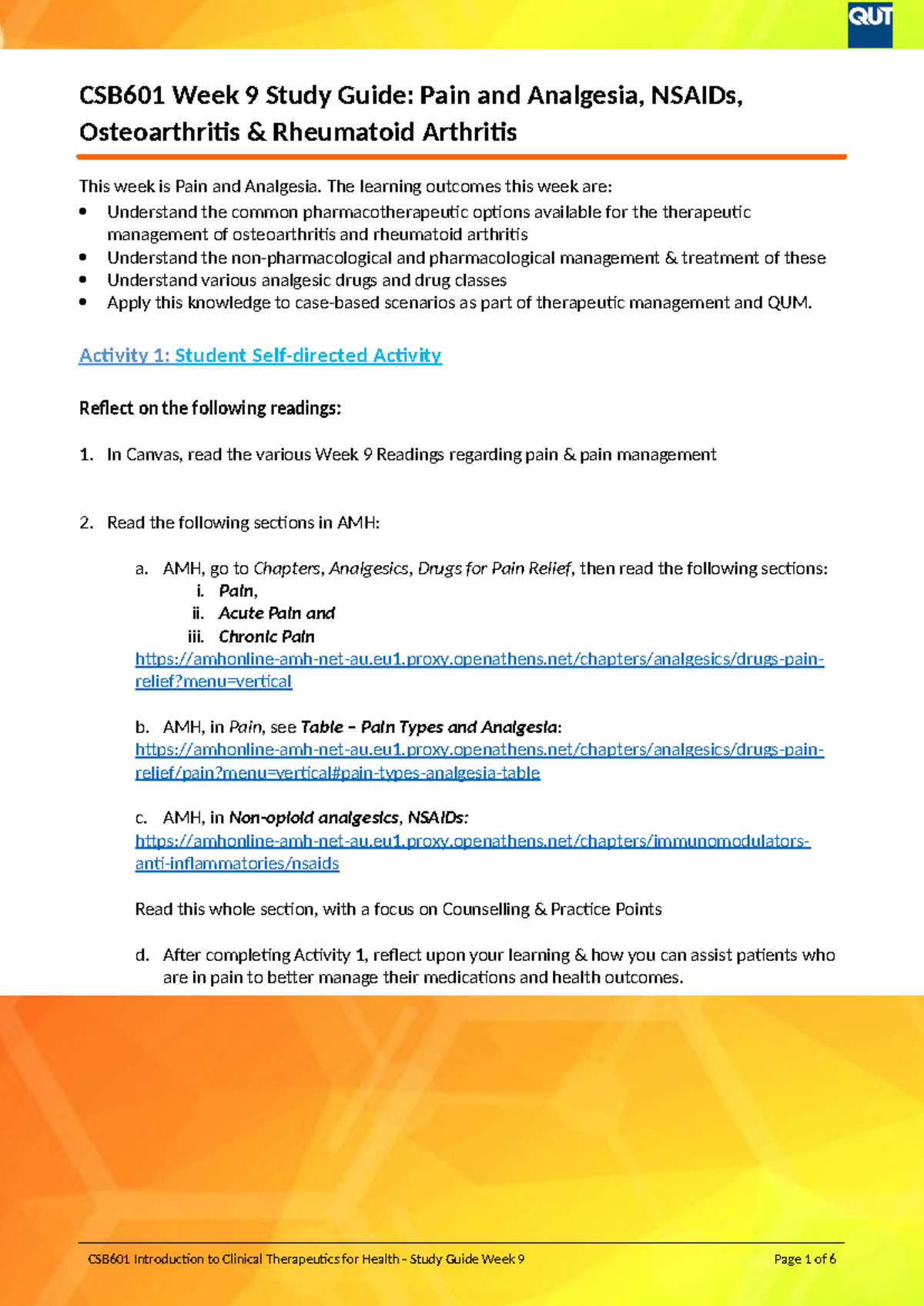 CSB601 Week 9 Study Guide PAIN Analgesia 2024s2 BKC-SV - CSB601 Week 9 Study Guide: Pain and ...