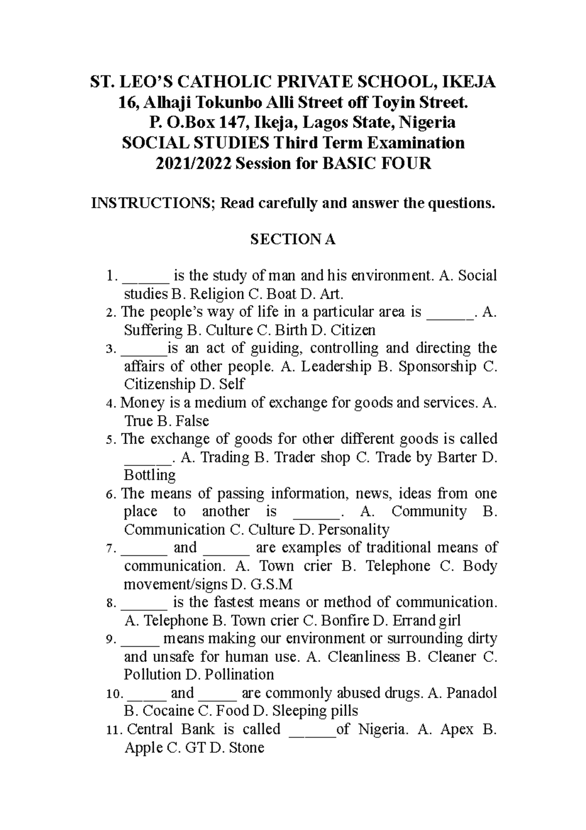 Basic FOUR Social Studies - ST. LEO’S CATHOLIC PRIVATE SCHOOL, IKEJA 16 ...