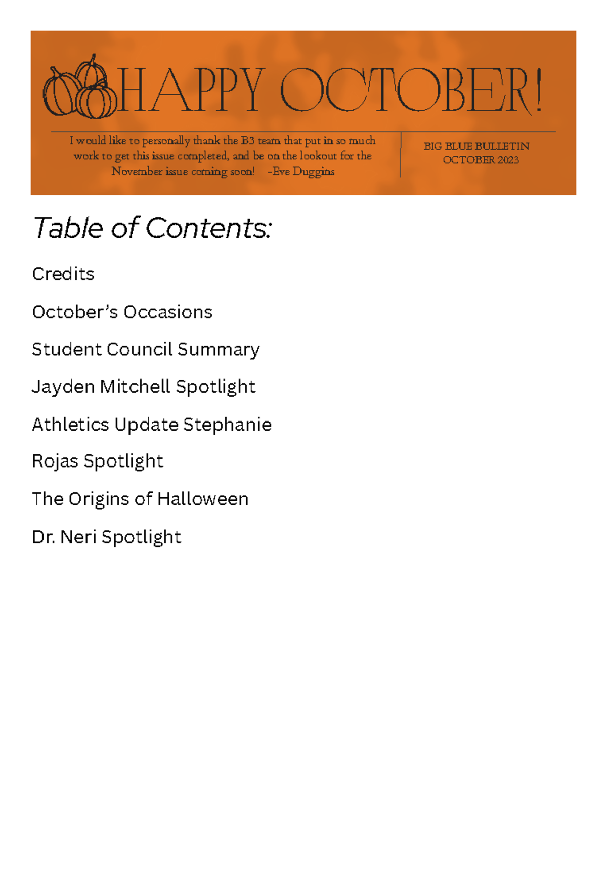 October Big Blue Bulletin - Table of Contents: Credits October’s ...
