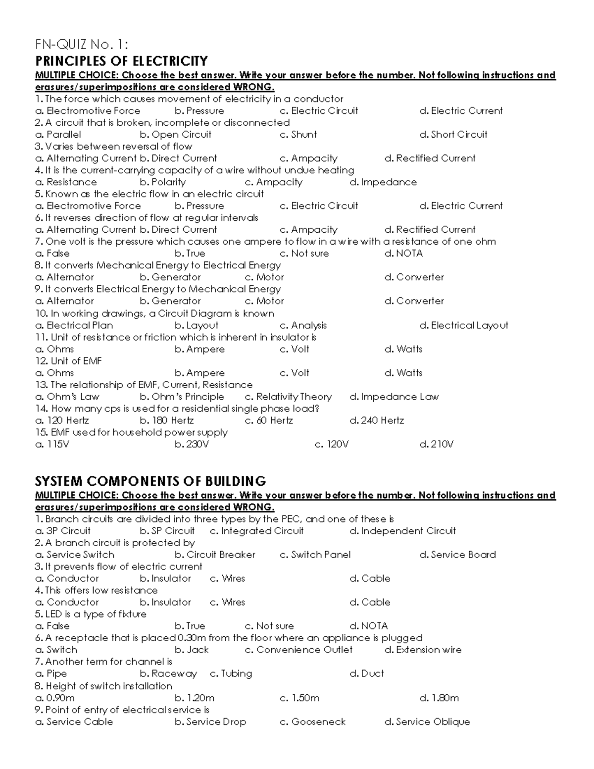 Electrical Quiz No 1 - FN-QUIZ No. 1: PRINCIPLES OF ELECTRICITY ...