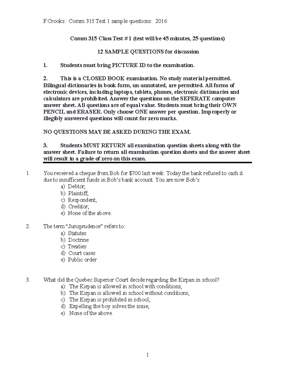 Comm 315 Fall 2016 12 Sample questions Test 1 - COMM 315 - Concordia ...