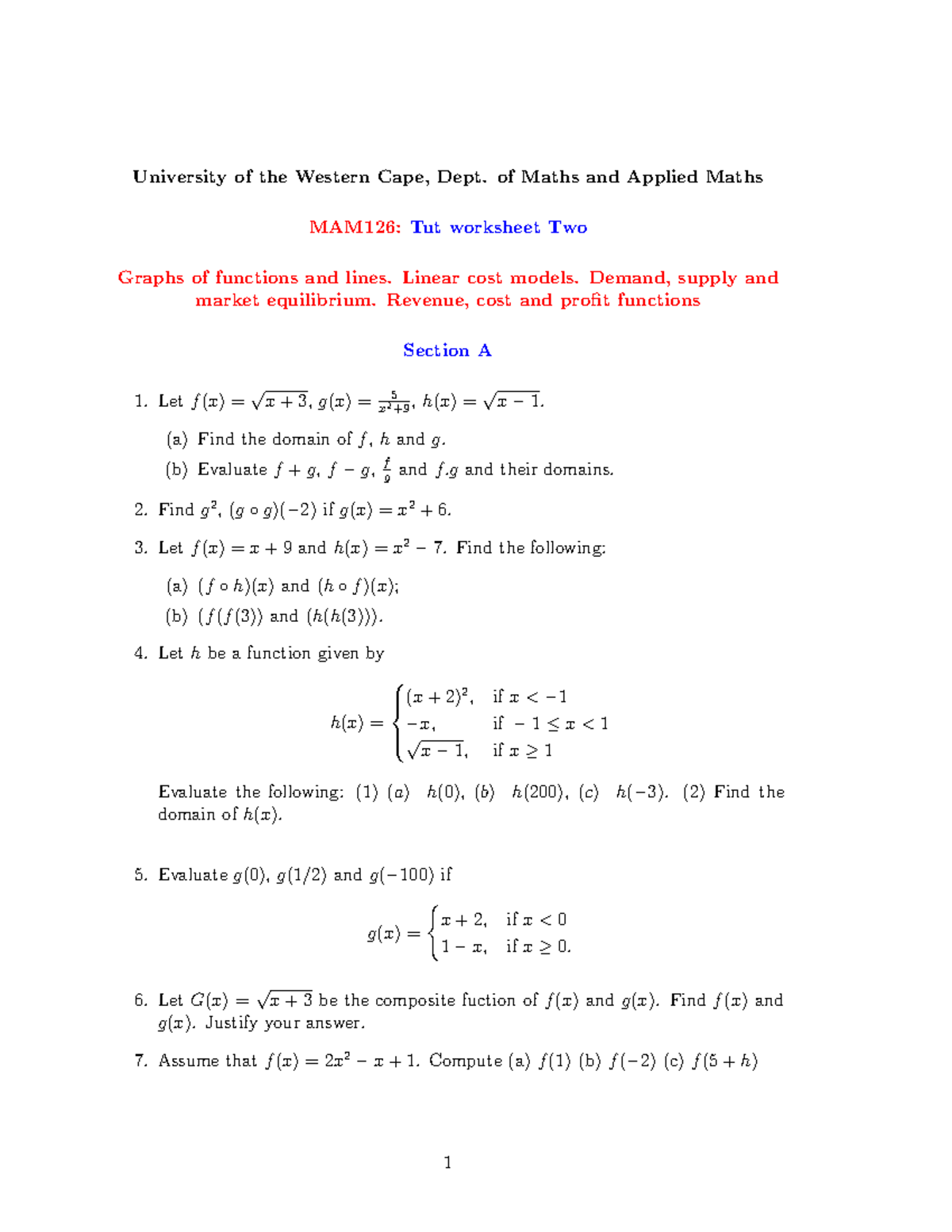 Mam126 Tut worksheet Two - University of the Western Cape, Dept. of ...
