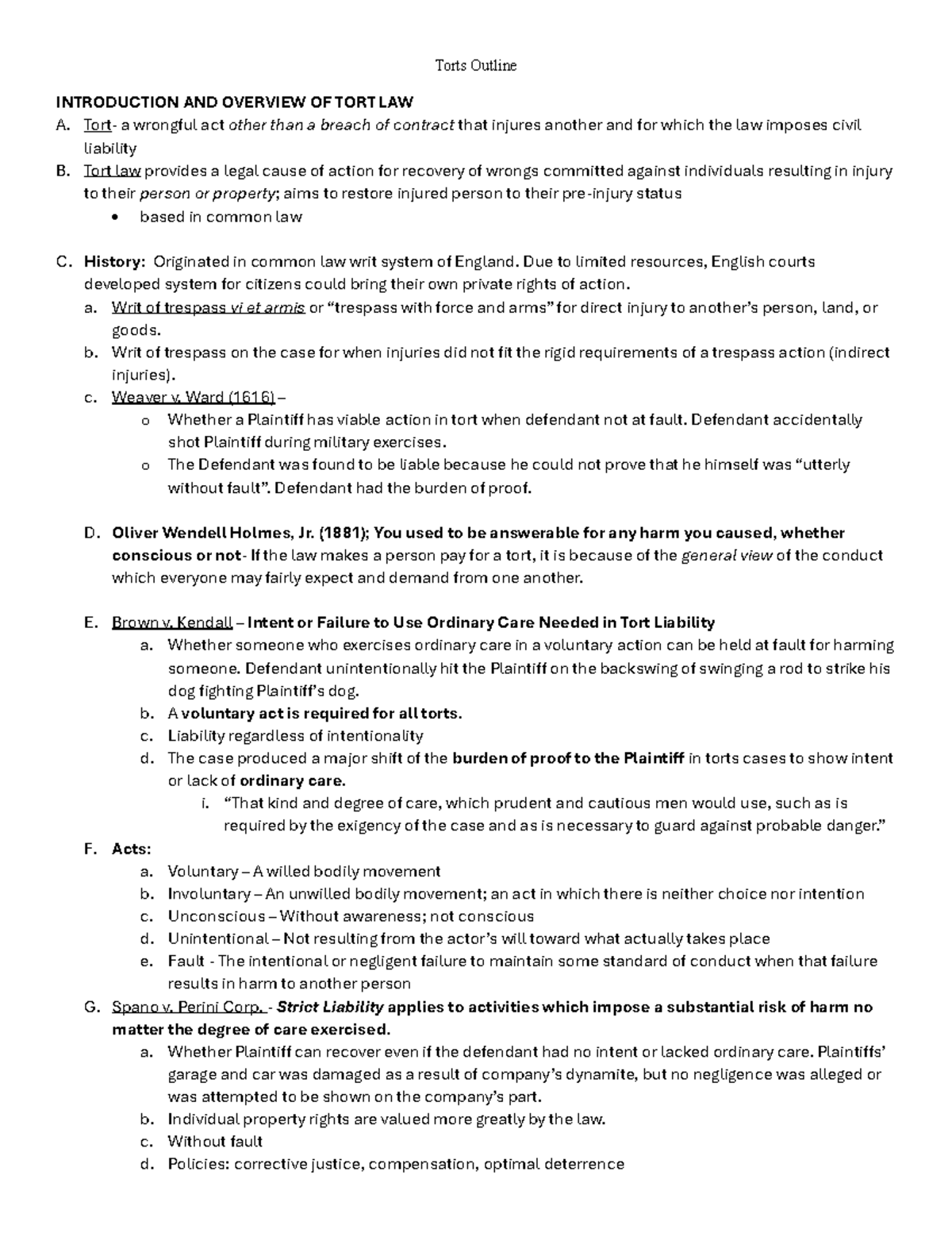 Torts Outline - INTRODUCTION AND OVERVIEW OF TORT LAW A. Tort- a ...