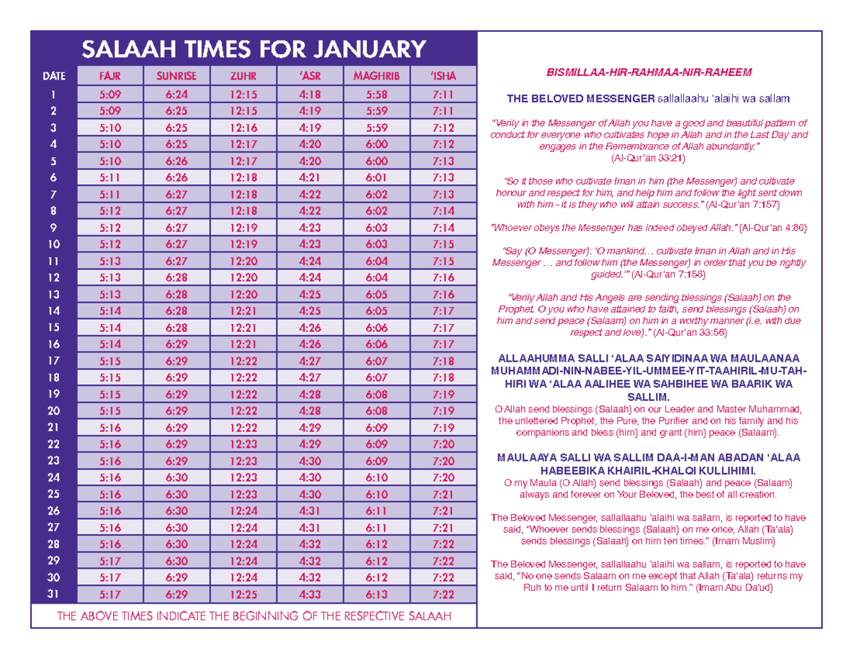 Islamic Cal 2021 (update 3) - SALAAH TIMES FOR JANUARY 5: ####### 6: 6: ...