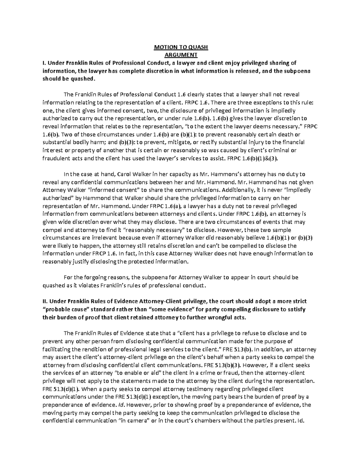Mpt 4- Settle - MPT practice answer - MOTION TO QUASH ARGUMENT I. Under ...