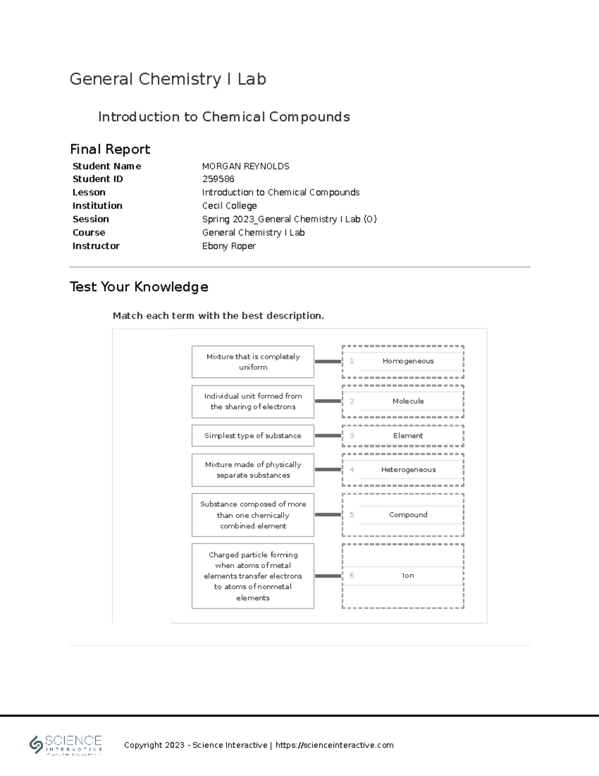 General Chemistry ILab Introductionto Chemical Compounds 259586 - Student Name MORGAN REYNOLDS ...