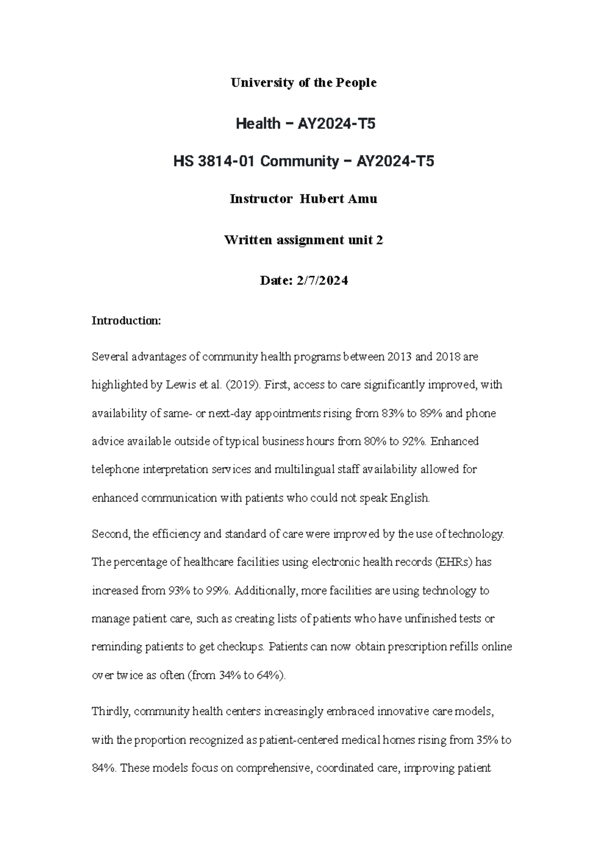 Written assignment unit 2 - University of the People Health – AY2024-T HS 3814-01 Community ...