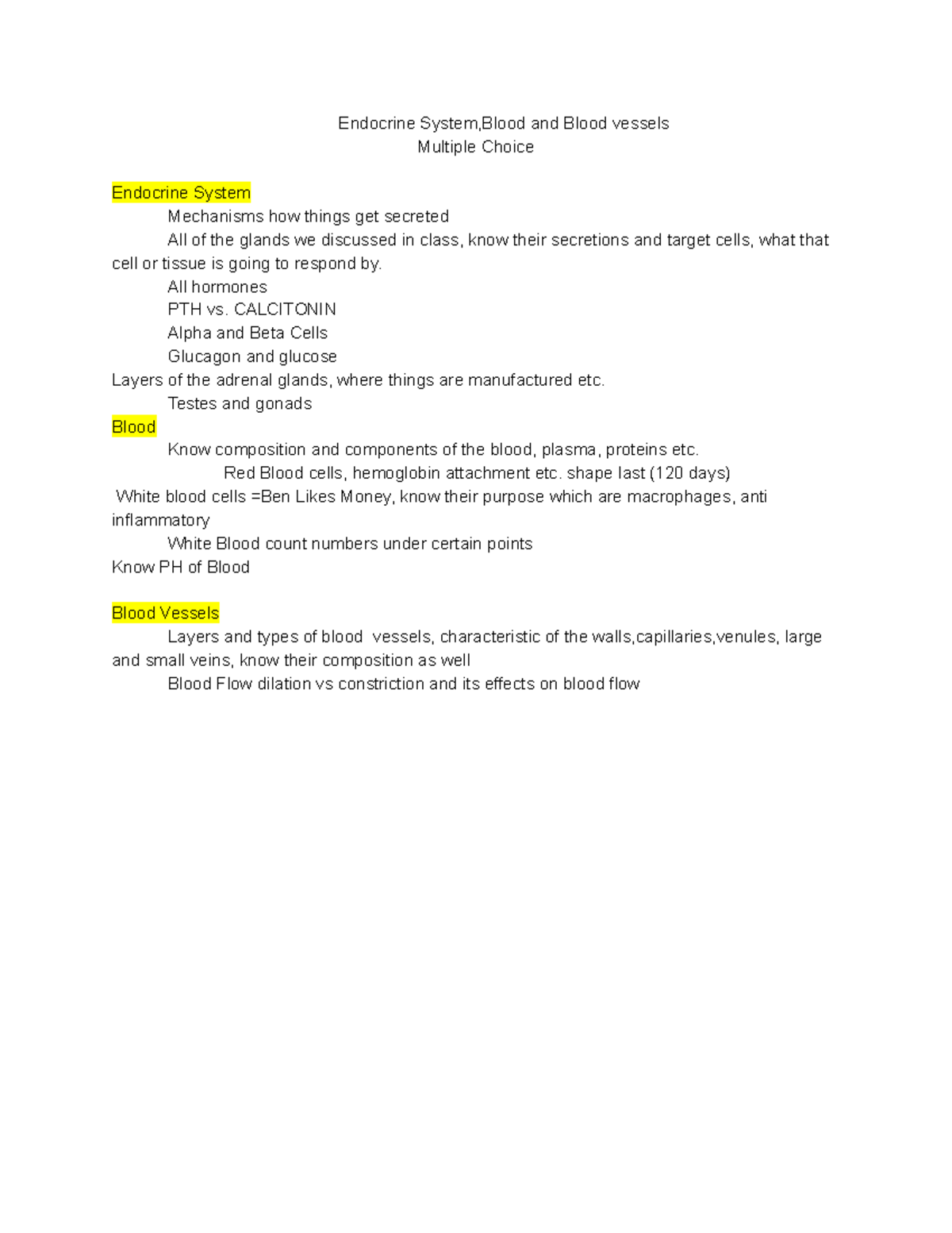 review material 1 - Endocrine System,Blood and Blood vessels Multiple ...