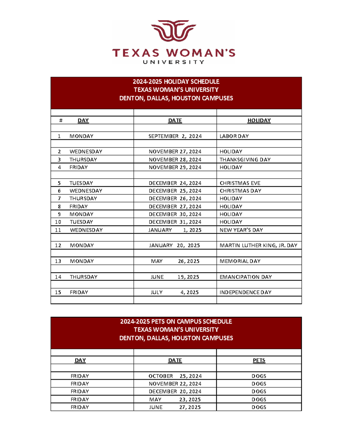 2024-2025 Holiday Schedule with Pets on Campus Schedule - 2024 - 2025 ...