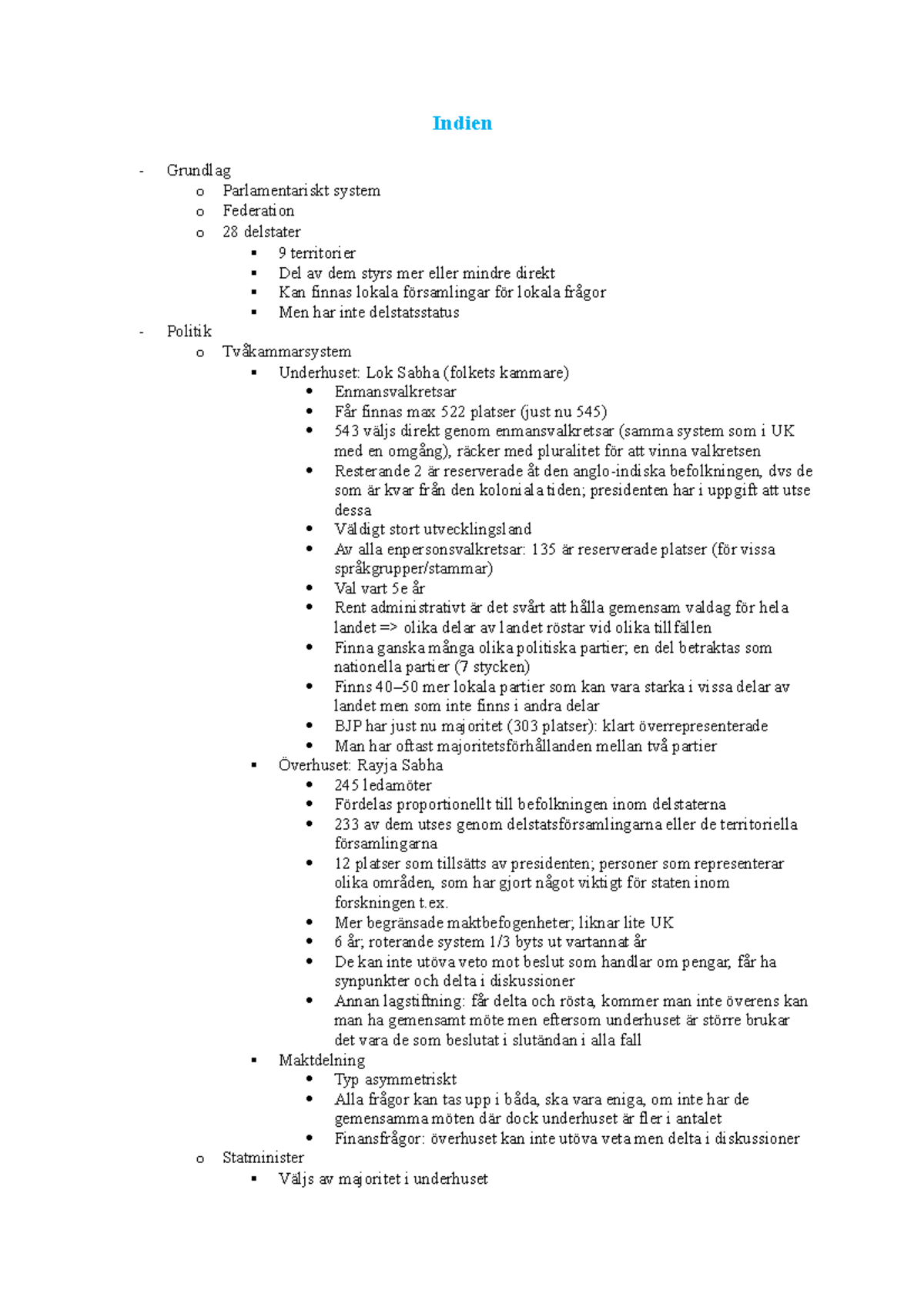 Länders system - Indien Grundlag o Parlamentariskt system o Federation ...