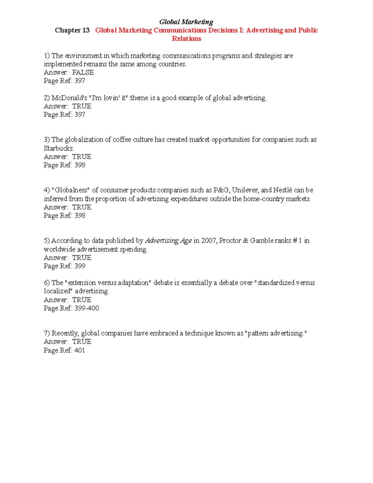 MULTIPLE CHOICE GLOBAL MARKETING - Global Marketing Chapter 13 Global ...