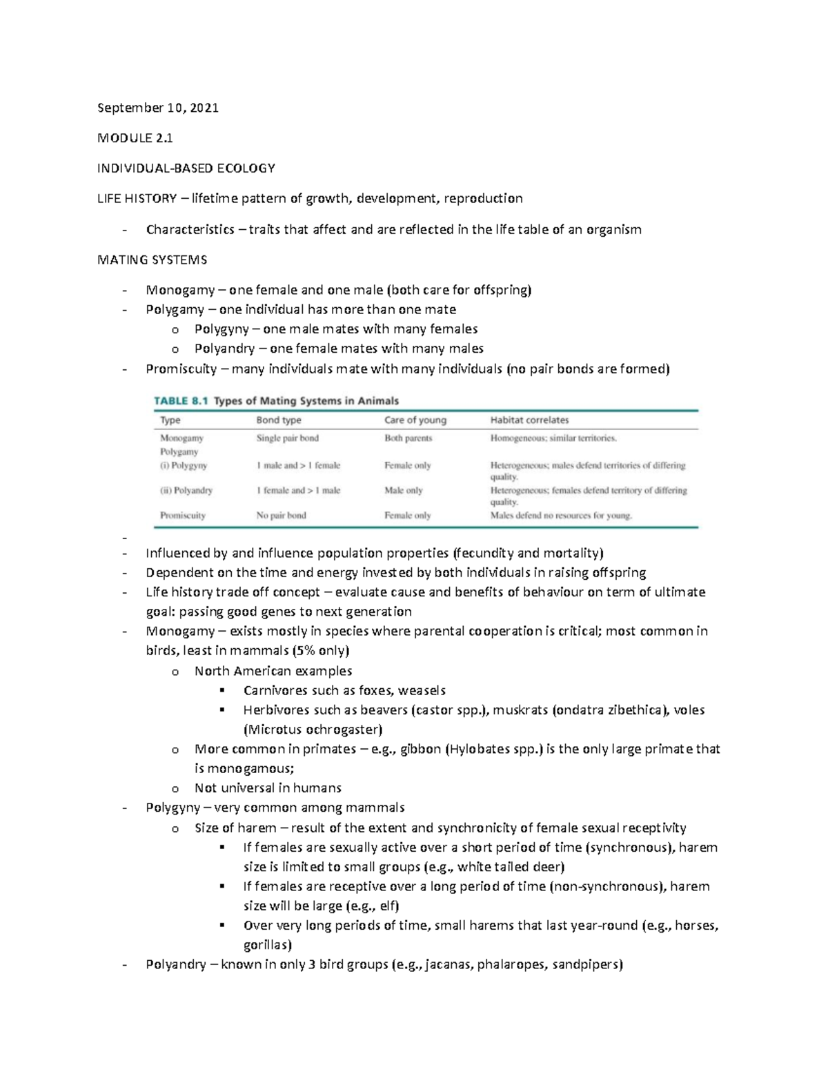 September 10 - individual-based ecology, life history, mating systems ...