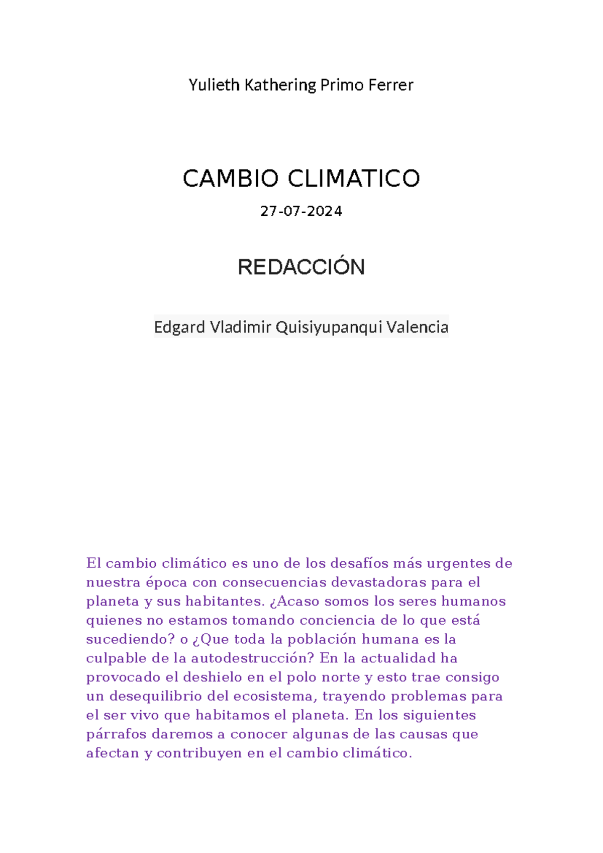 Cambio Climatico - ENSAYO - Yulieth Kathering Primo Ferrer CAMBIO ...