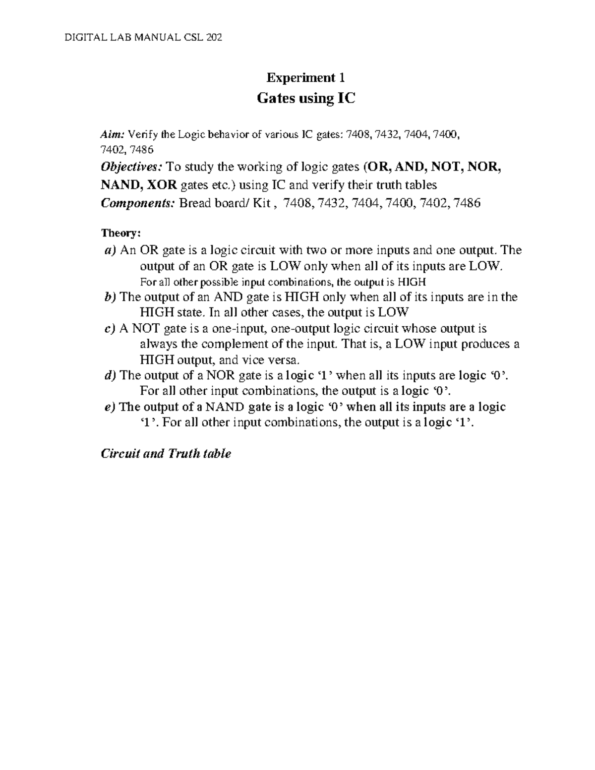 Digital LAB Manual Btech - DIGITAL LAB MANUAL CSL 20 2 Experiment 1 ...