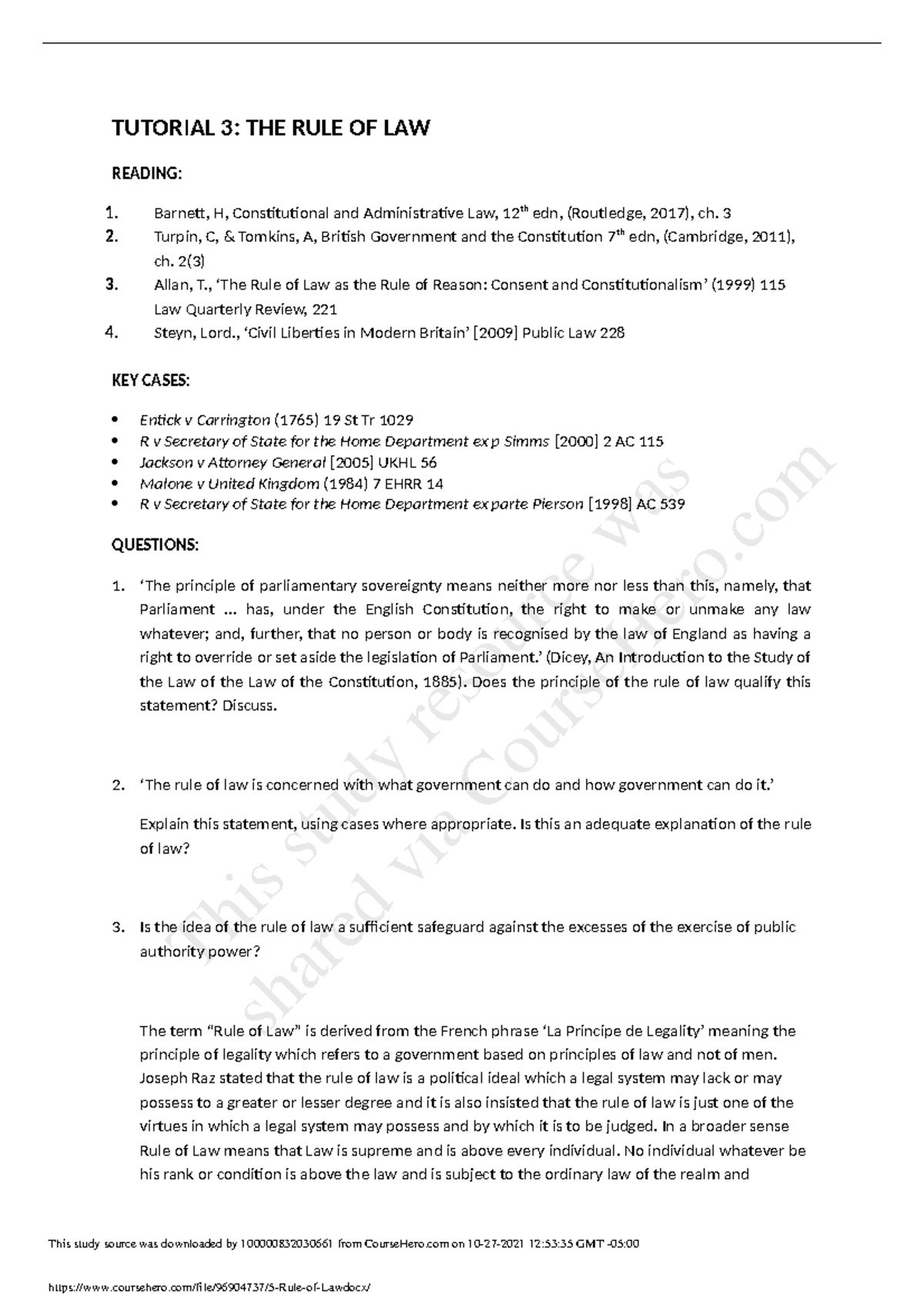 5. Rule of Law - Notes - Constitutional and Administrative Law I - Studocu