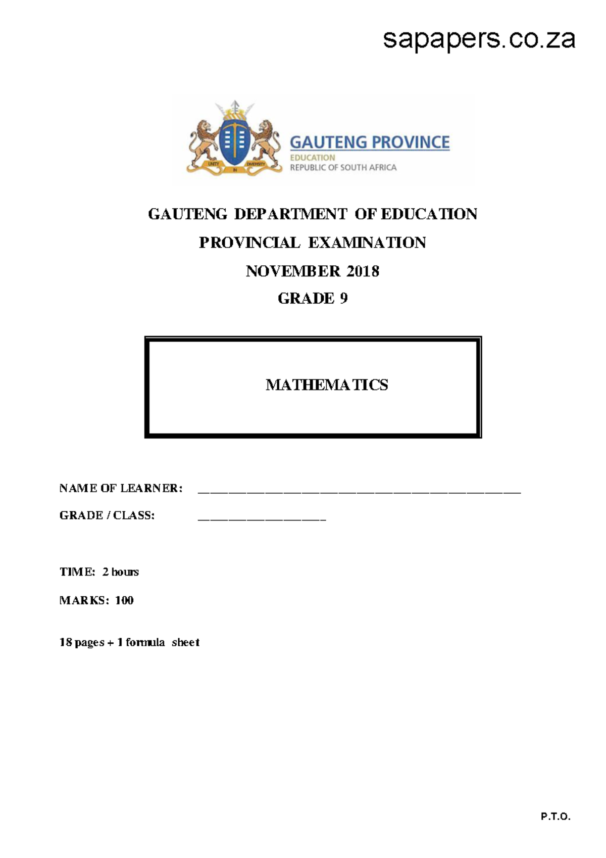 Gr9 Math (English) November 2018 Question Paper - GAUTENG DEPARTMENT OF ...