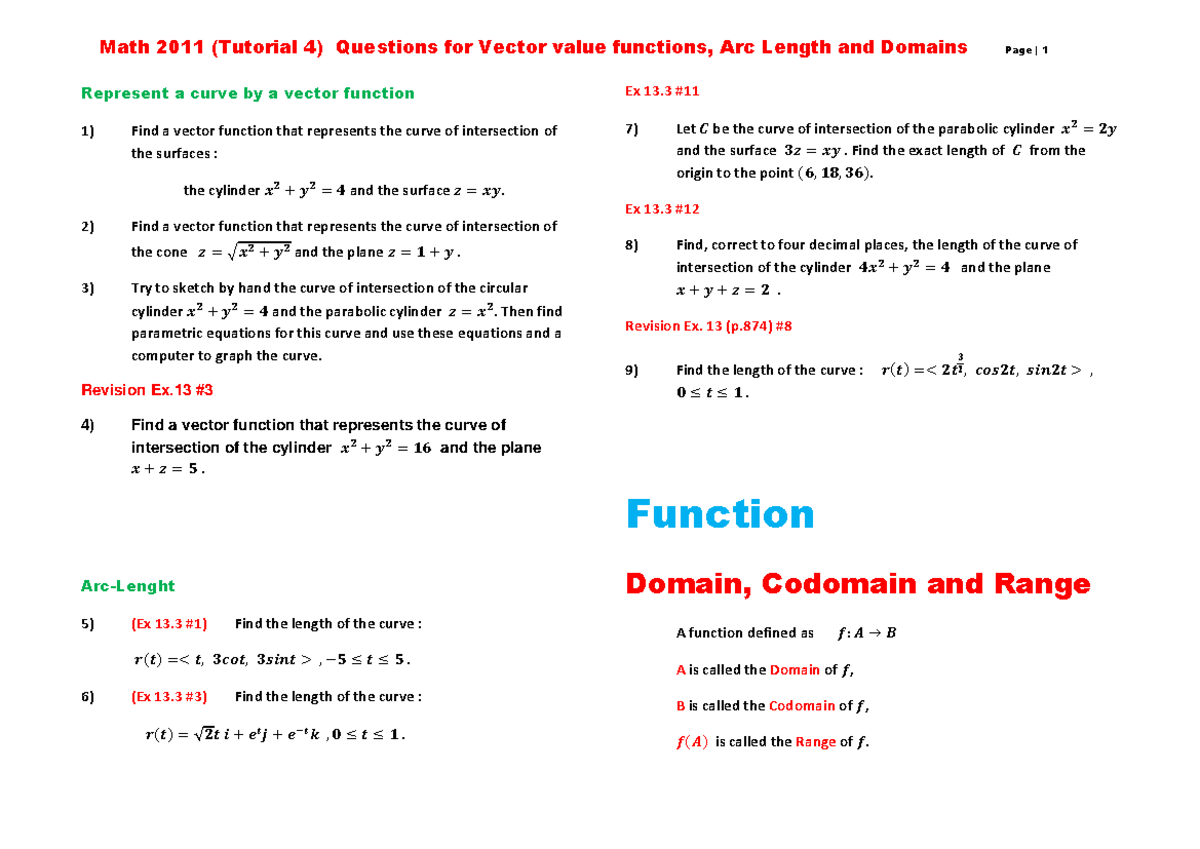 Math 2011 (Tutorial 4) Questions for Vector value functions, Arc Length ...