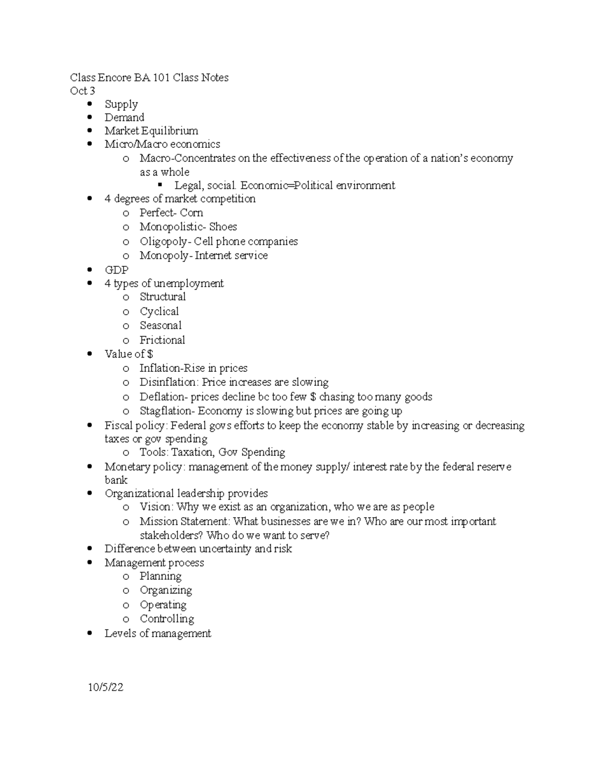 BA 101 Class Notes - Class Encore BA 101 Class Notes Oct 3 Supply ...