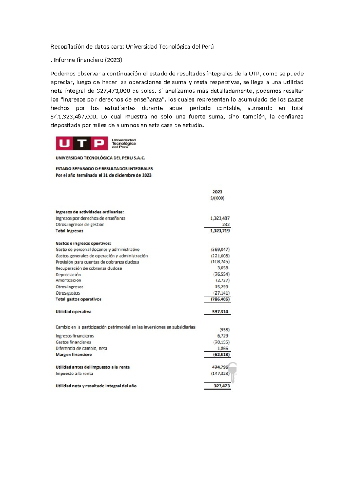 TA2 Avance - Recopilación de datos para: Universidad Tecnológica del Perú . Informe financiero ...