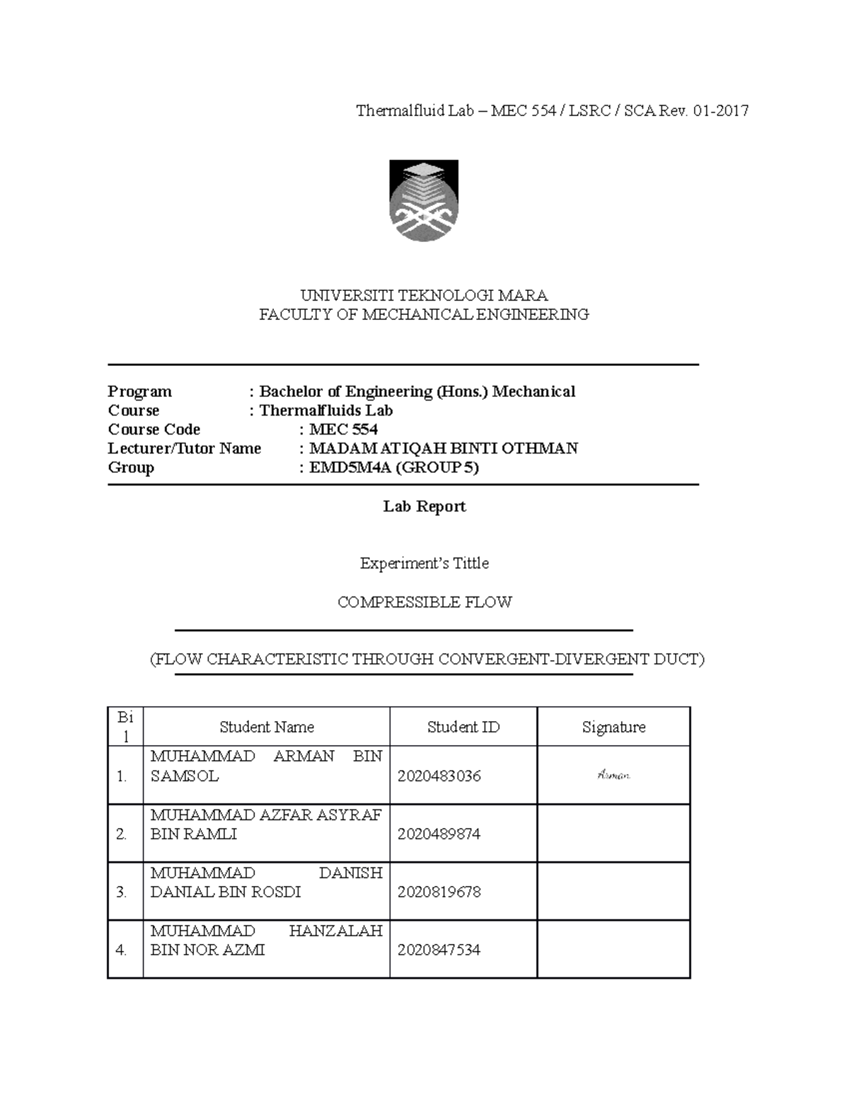 LAB Report MEC 554 Compressible FLOW - Thermalfluid Lab – MEC 554 ...