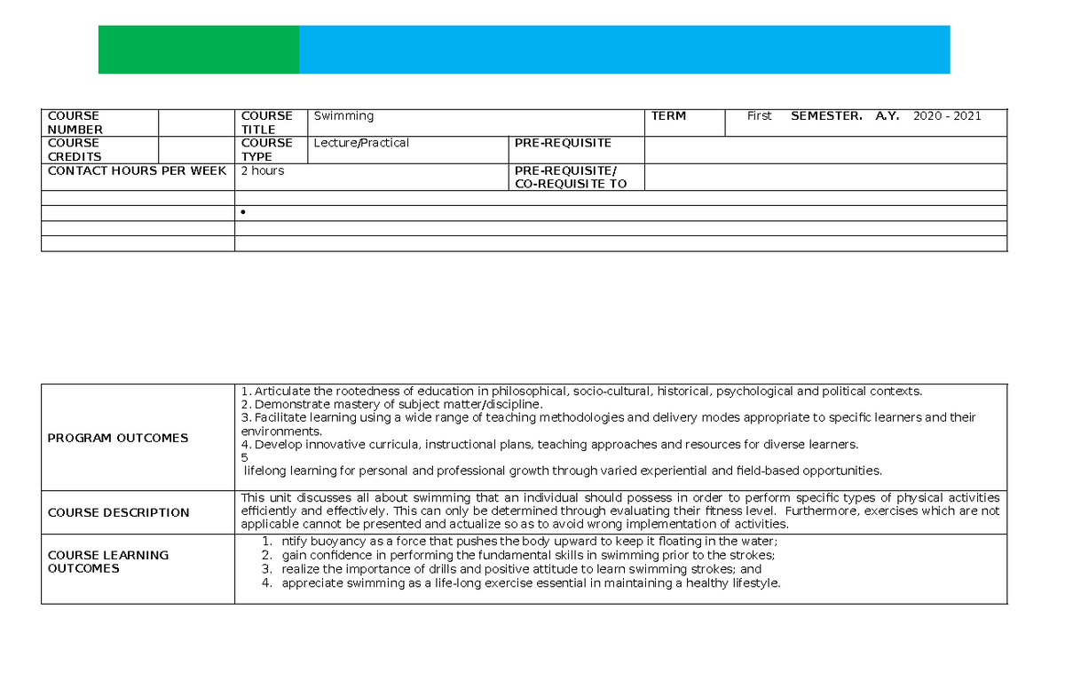 PE-202-Online Module-Syllabus - COURSE NUMBER COURSE TITLE Swimming ...