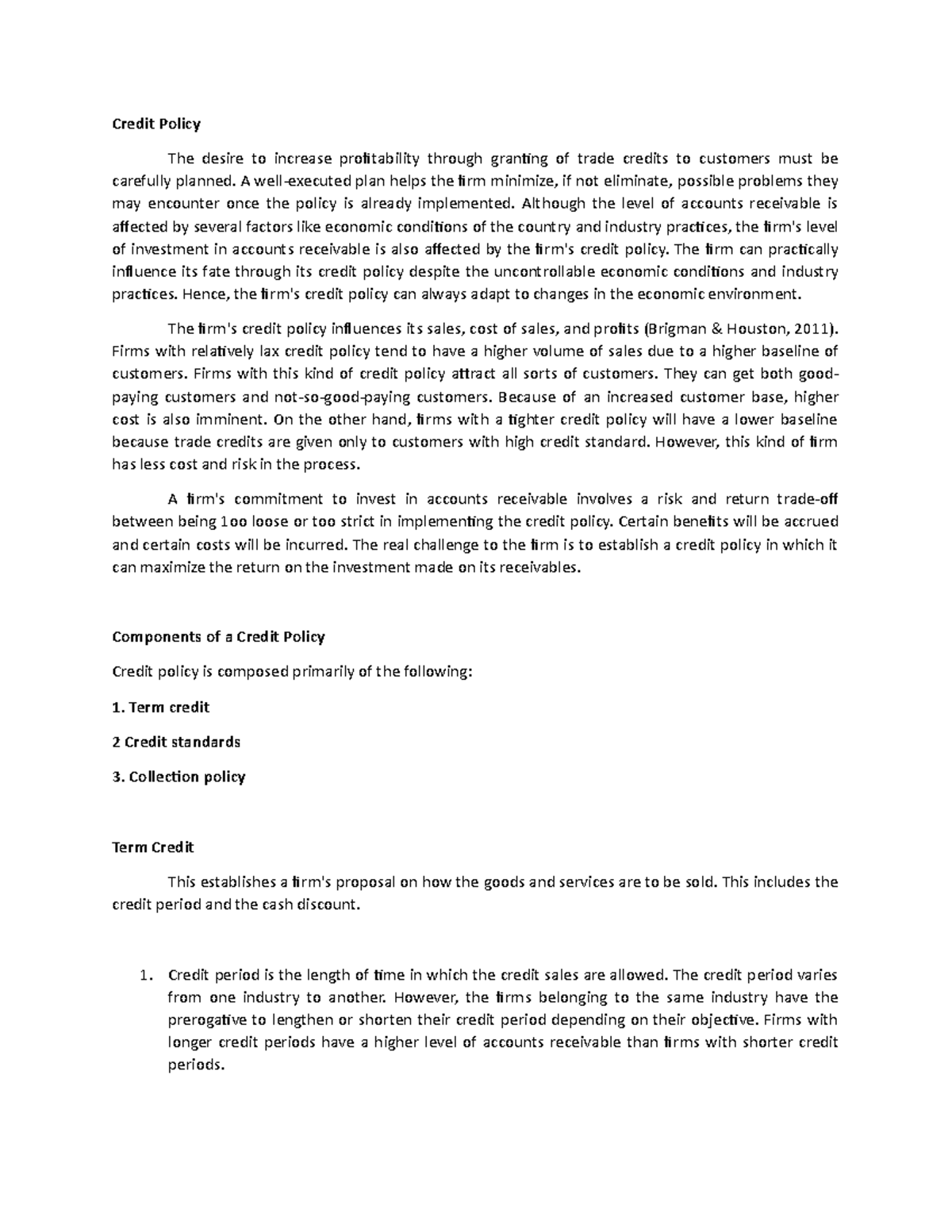 Credit Policy - Credit Policy The desire to increase profitability ...